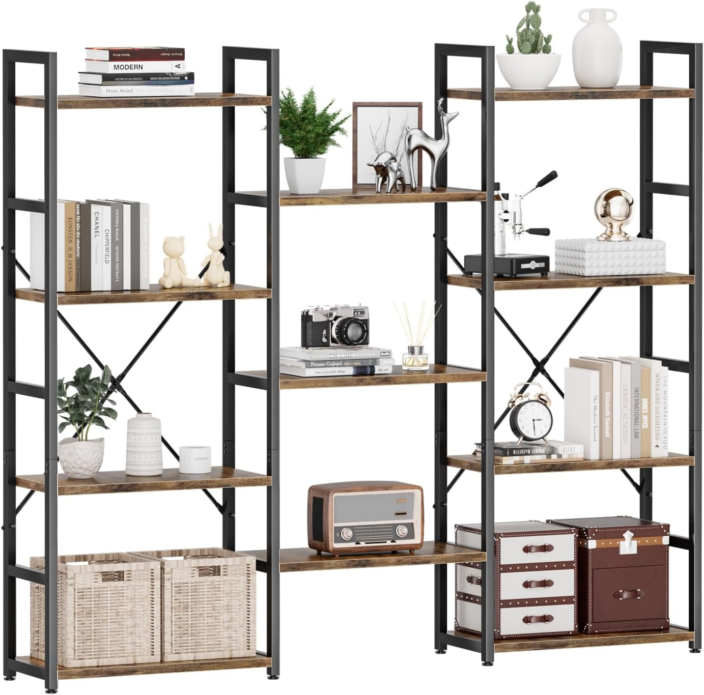 NUMENN Triple Wide 4 Tier Bookshelf, Adjustable Rustic Industrial Style ...