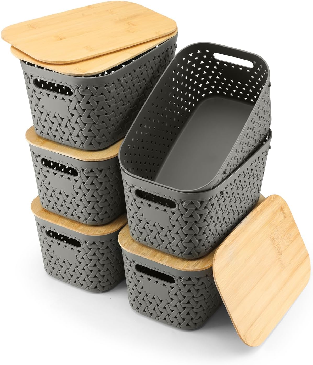 NUMIFUN Storage Bins with Lids, 6 Packs Baskets with Bamboo Lids for ...