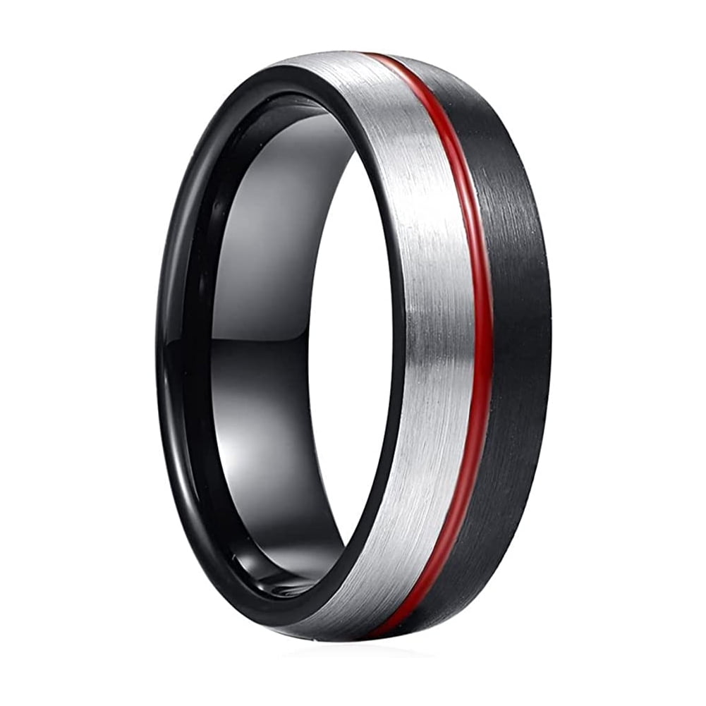 NUNCAD 8mm Black Matte Tungsten Ring Red Groove Two Tone Domed Brushed ...
