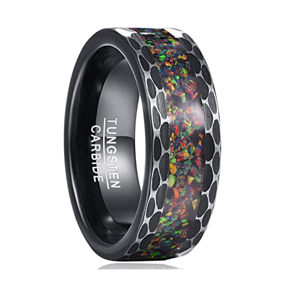 NUNCAD 8mm Men's Black Tungsten Carbide Ring with Crushed Created-Opal ...
