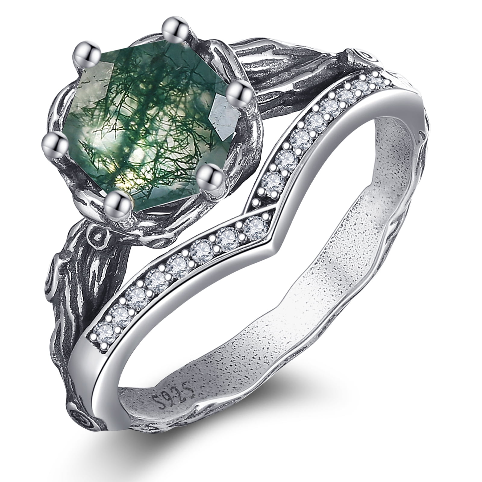 NUNCAD Natural Moss Agate Ring 925 Sterling Silver Chevron Ring Curved ...