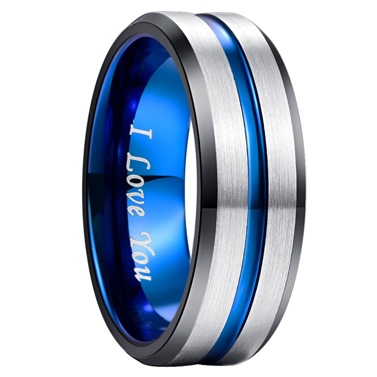 NUNCAD Tungsten Ring for Men Women 8mm Blue Channel/Steel Color Frosted ...