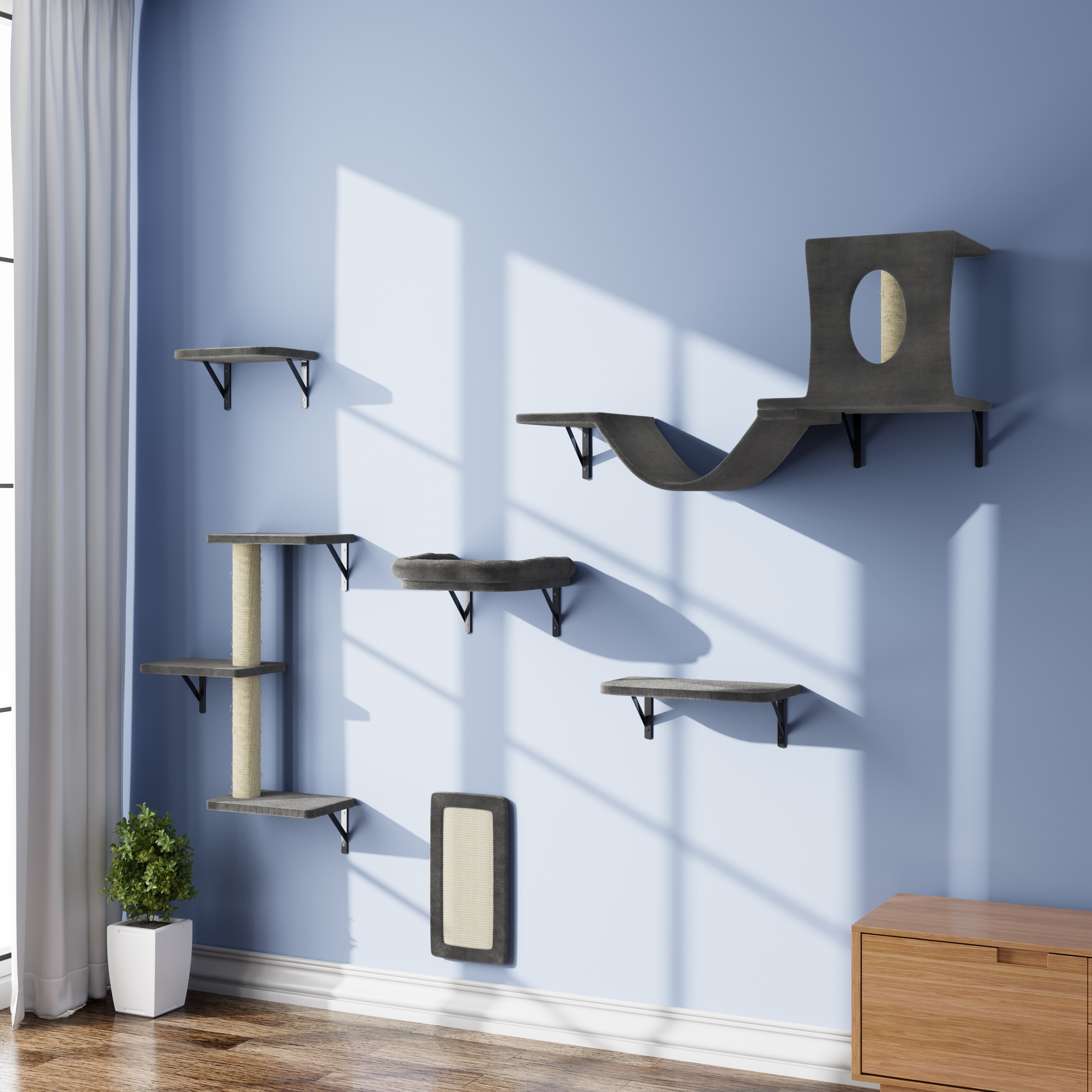 iMounTEK Wall Mounted Cat Wall Shelves Set of 6 with Cat Tree Cat Perch ...