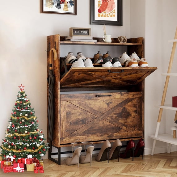 NUNU LAB Farmhouse Entryway Shoe Cabine with 2 Flip Drawers ...