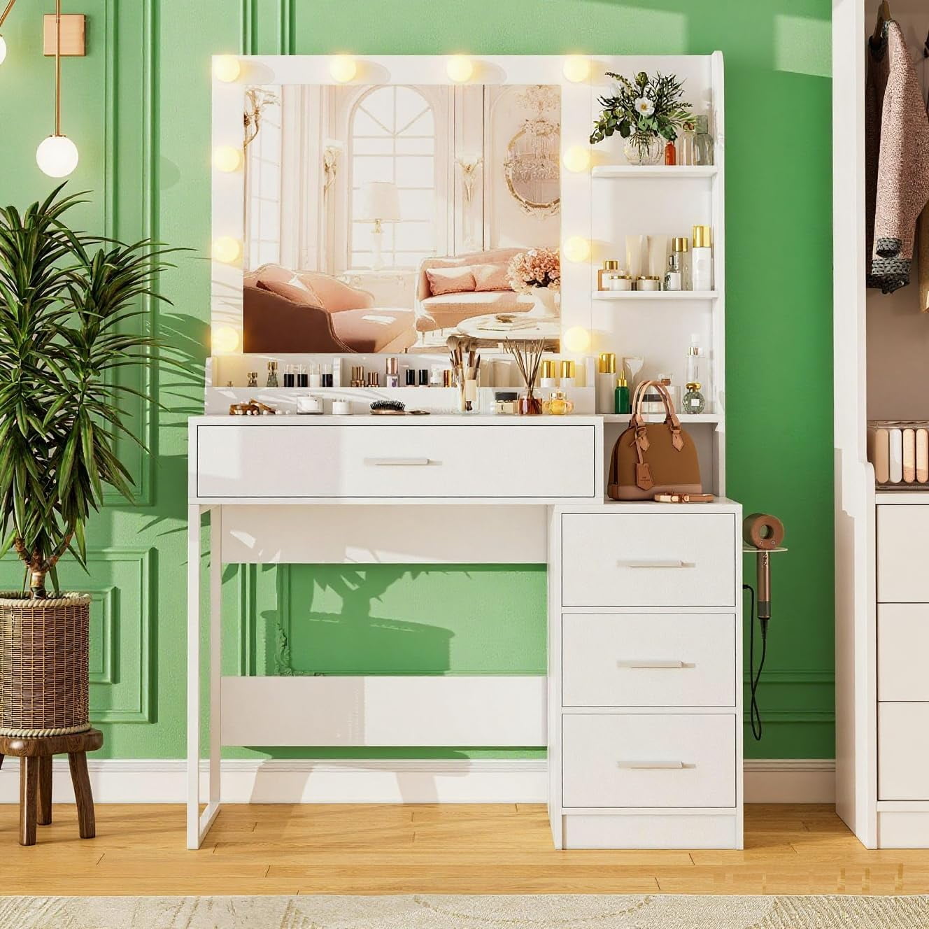 NUNU LAB Large Vanity Desk with Mirror and Lights with 5 Drawers and ...