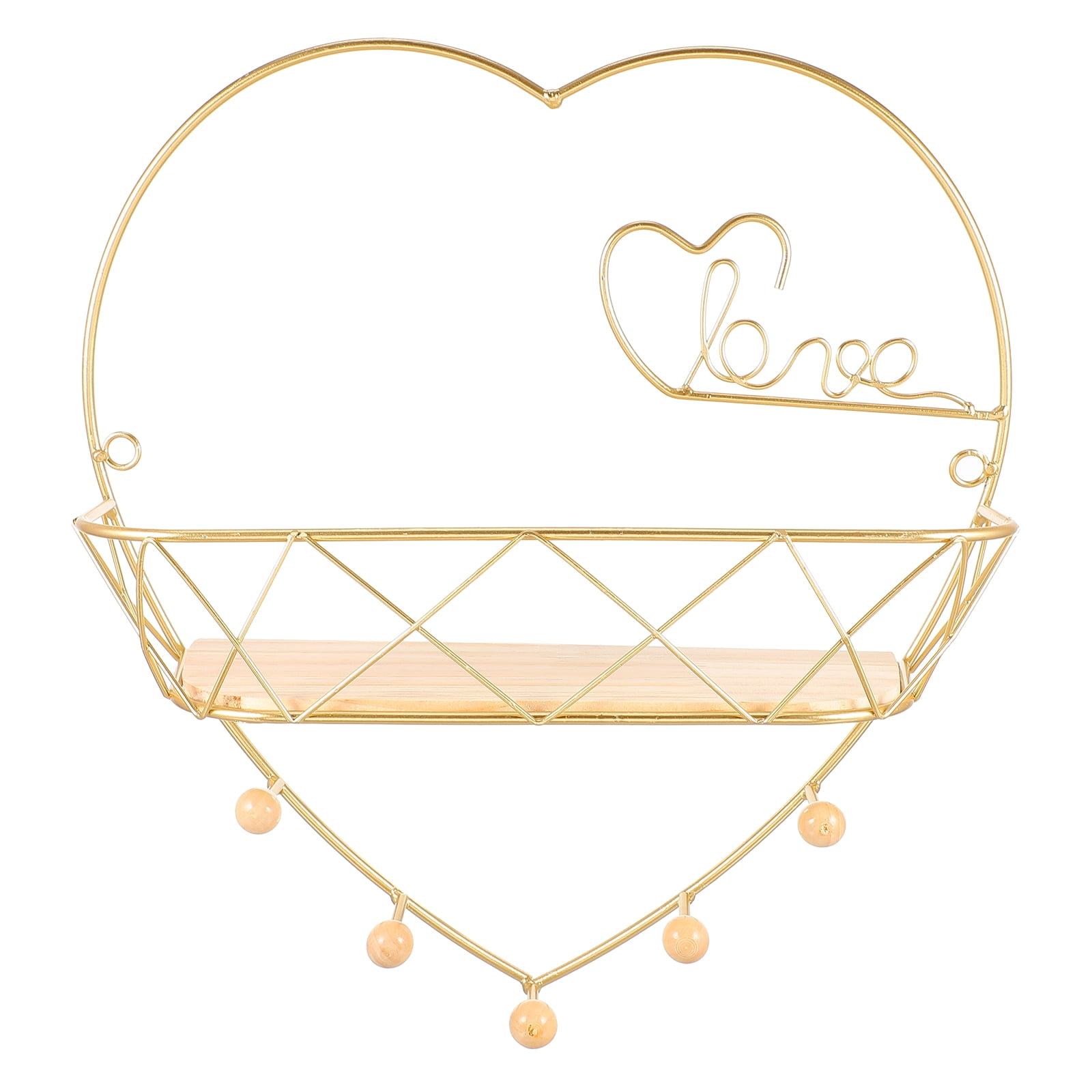 RENACLIPY Nordic Style Heart Wall Shelf Golden Iron and Wood Storage ...