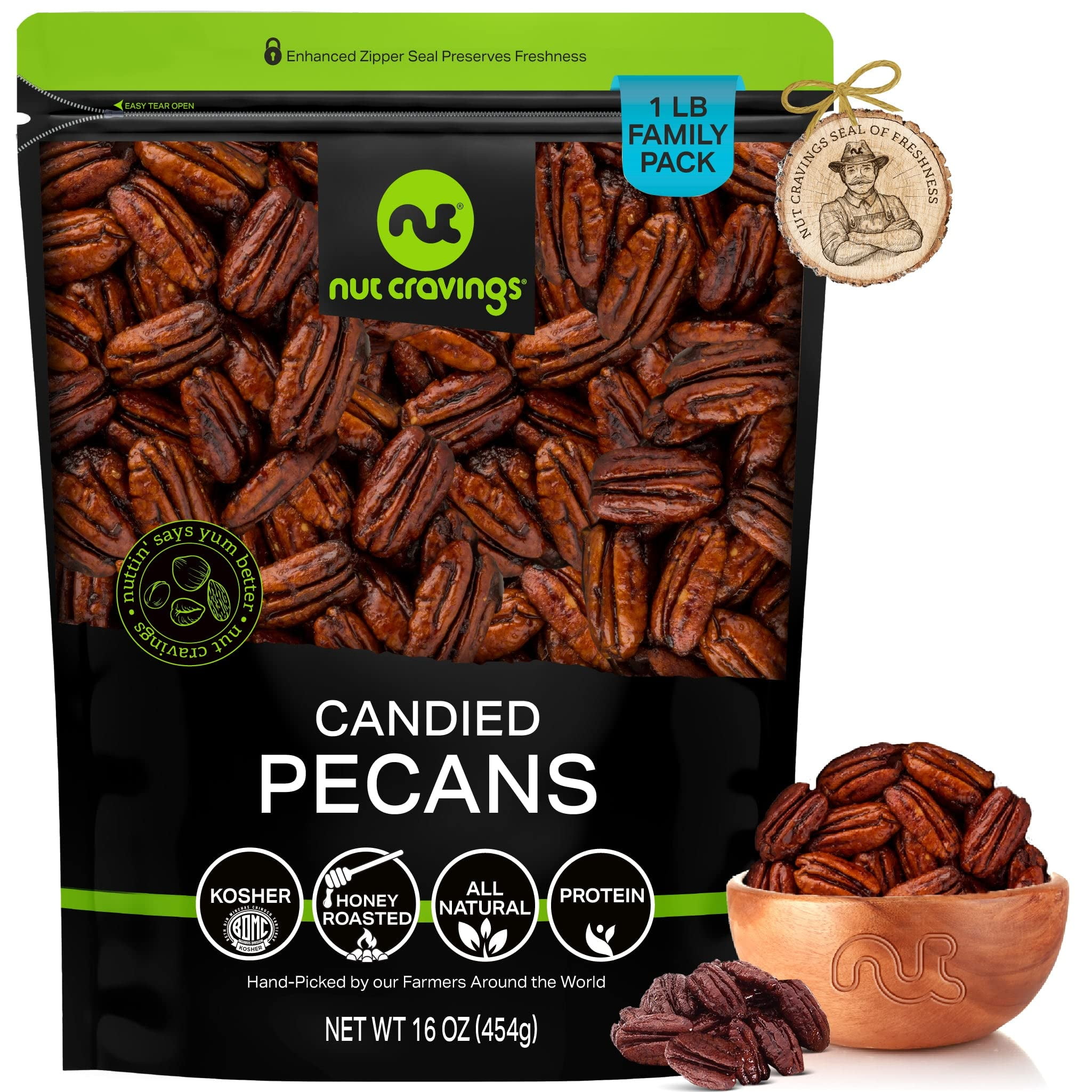 NUT CRAVINGS - Candied Pecans Honey Glazed Praline, No Shell (16oz - 1 LB) Bulk Nuts Packed ...