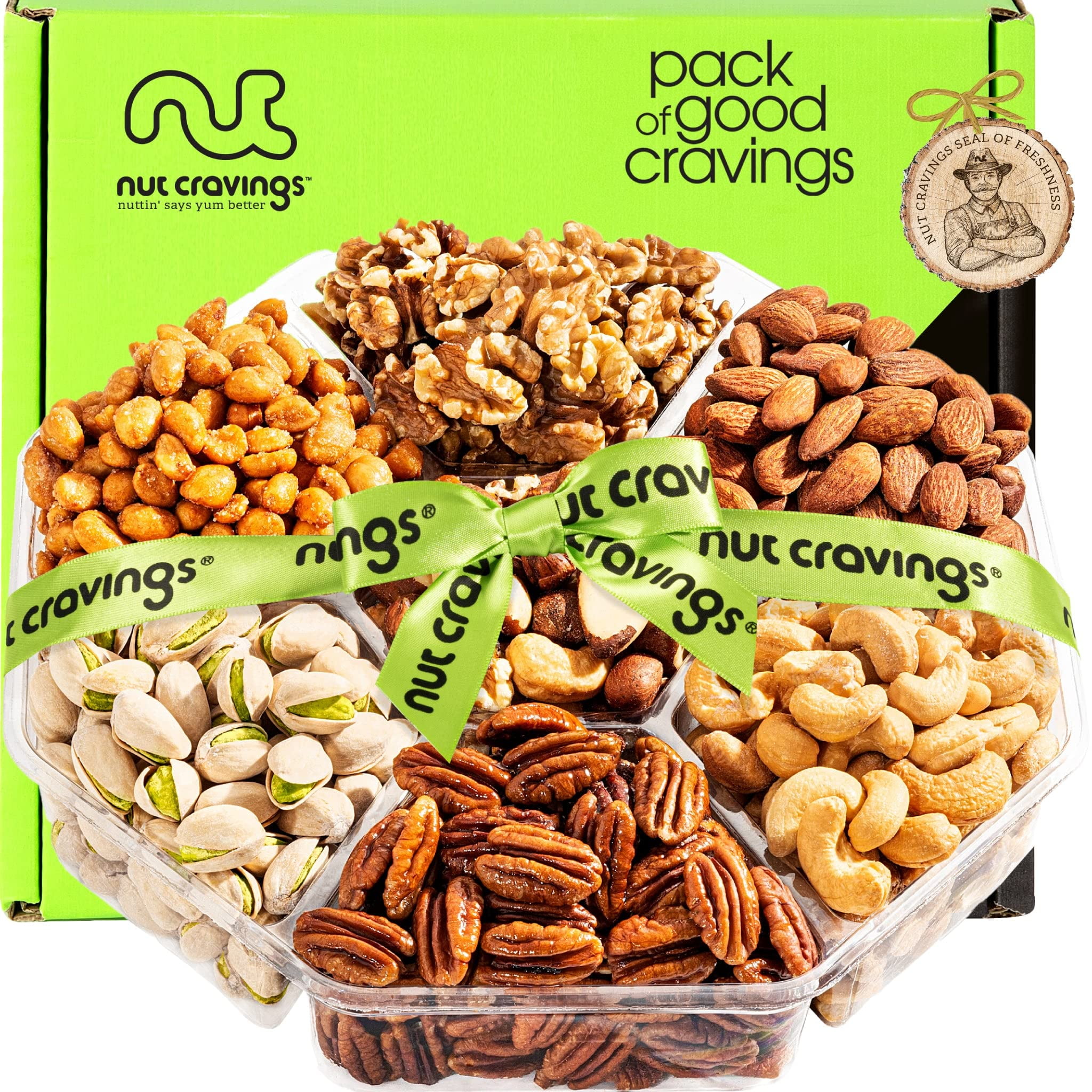 NUT CRAVINGS - Mixed BDF32 Nuts Gift Basket + Green Ribbon (7 ...