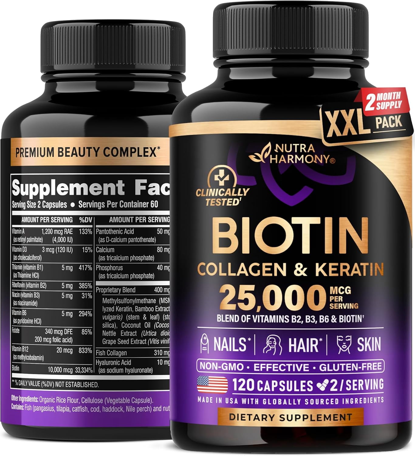 NUTRAHARMONY Biotin Collagen Keratin 25000 mcg - 120 Capsules - Walmart.com