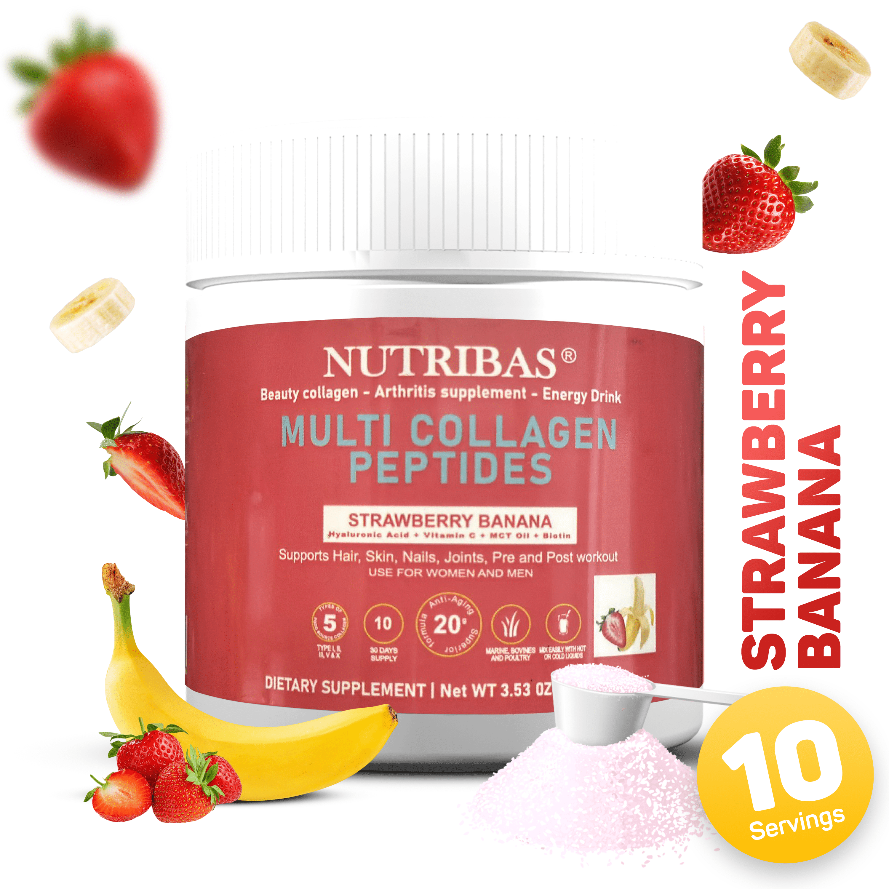 NUTRIBAS Strawberry Banana Collagen Peptides Powder + Vitamins ...