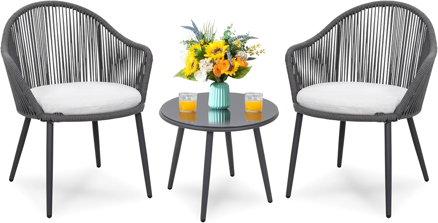NUU GARDEN 3 Piece Patio Bistro Set, Woven Rope Conversation Patio ...