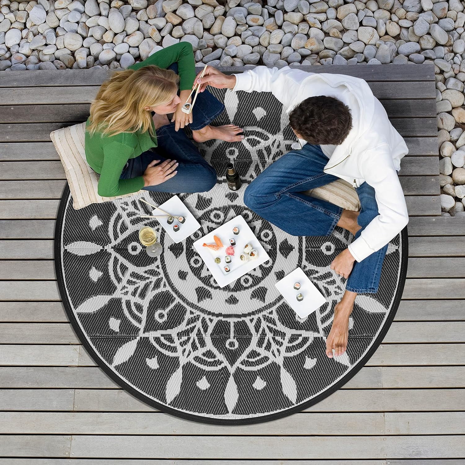 NUU GARDEN 5'x5' Round Outdoor Rug Reversible Patio Rug, Outdoor ...