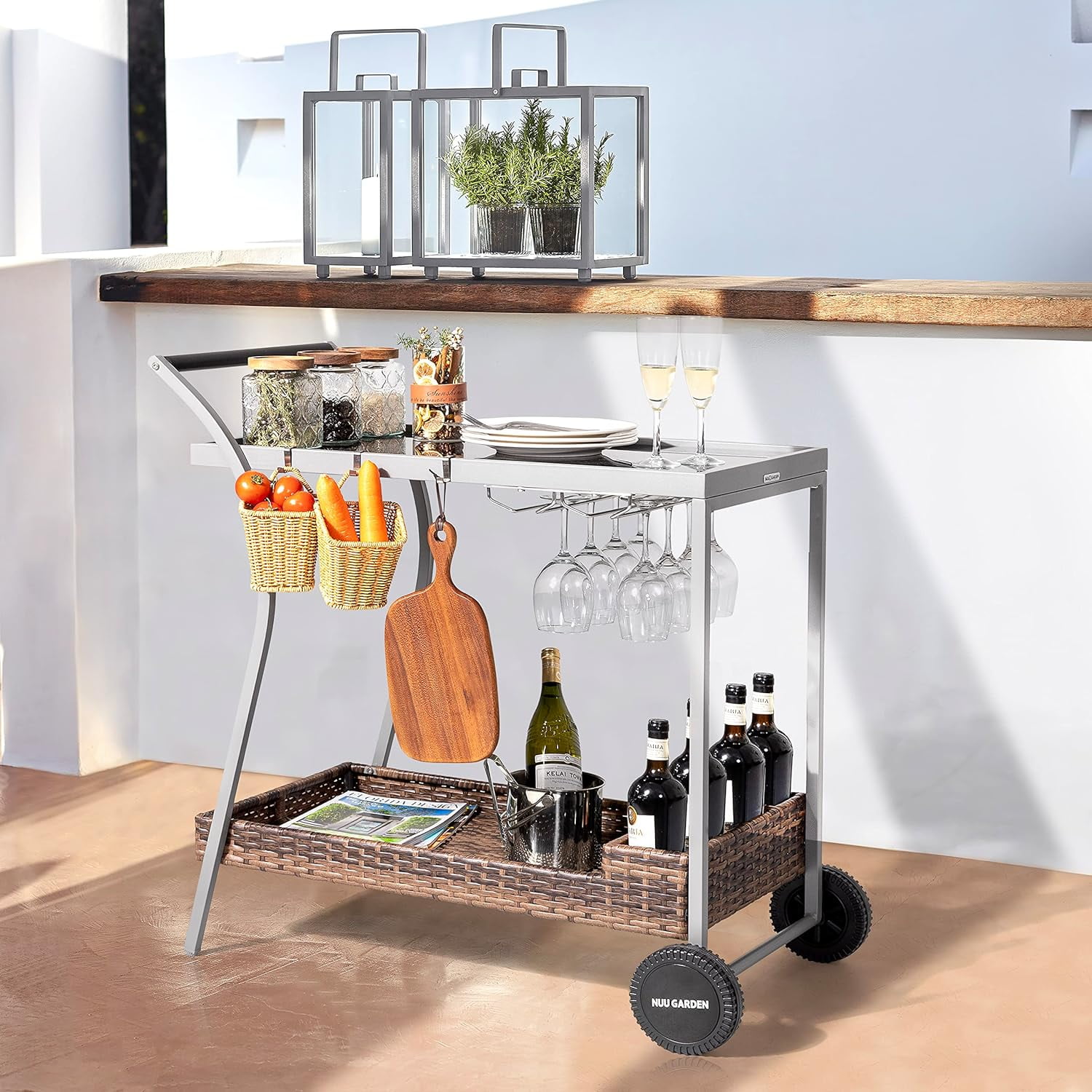 NUU GARDEN Outdoor Bar Table with Rolling Wheels, Outdoor Bar Cart Patio Wicker Bar Counter ...