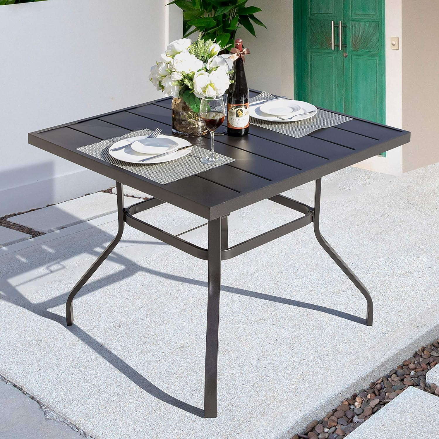 NUU GARDEN Outdoor Dining Table with Umbrella Hole, All Weather Metal ...