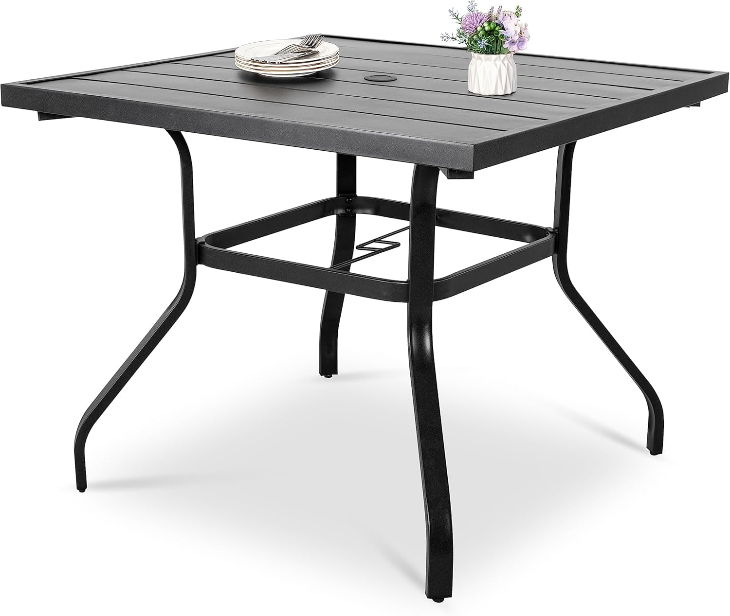 NUU GARDEN Outdoor Dining Table with Umbrella Hole, All Weather Metal ...