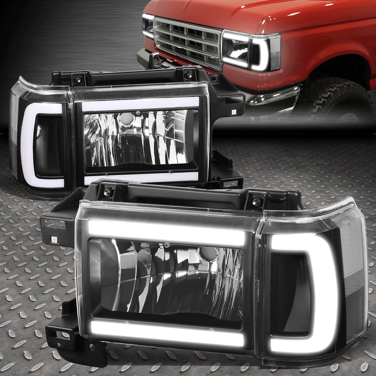 Nuvision for 87-91 Ford F150 F250 F350 Bronco LED DRL Headlight Black ...