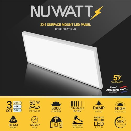 NUWATT 2x4 Surface Mount Flat Panel LED Light, 120-277V, 3CCT 3000K/4000K/5000K Selectable ...