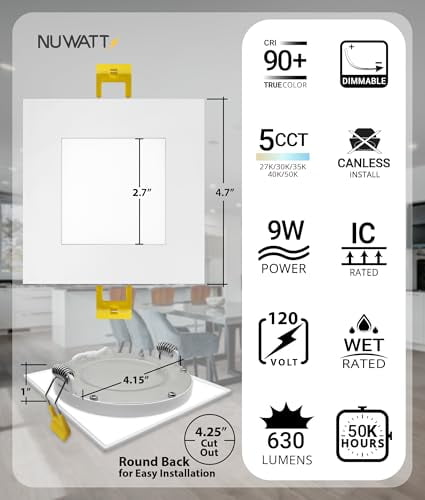 NUWATT 6 Pack 4 Inch Square Wafer LED Recessed Lighting, 5 CCT ...