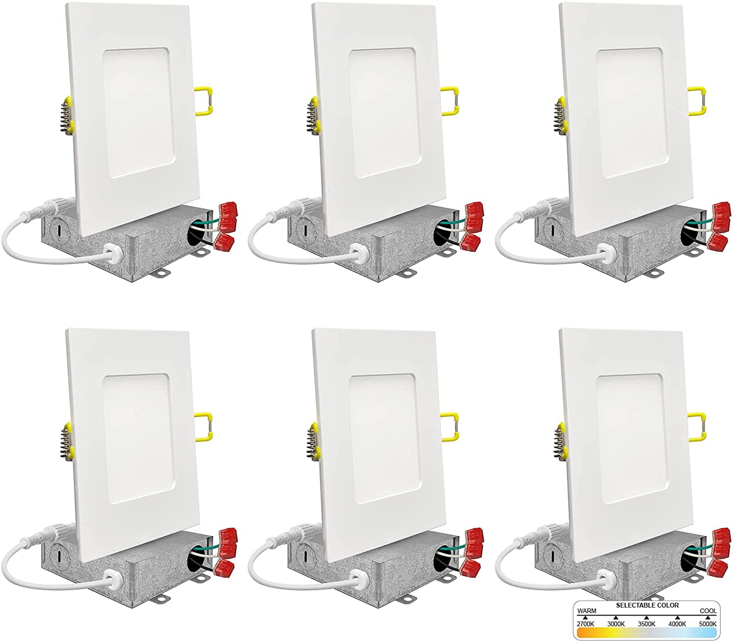 NUWATT 6 Pack 4 Inch Square Wafer LED Recessed Lighting, 5 CCT Selectable 2700K/3000K/3500K ...