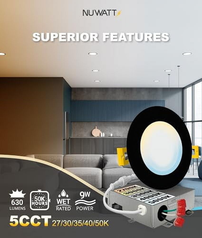 NUWATT 6 Pack, 4 Inch Ultra-Thin LED Recessed Lighting Black, 5CCT ...