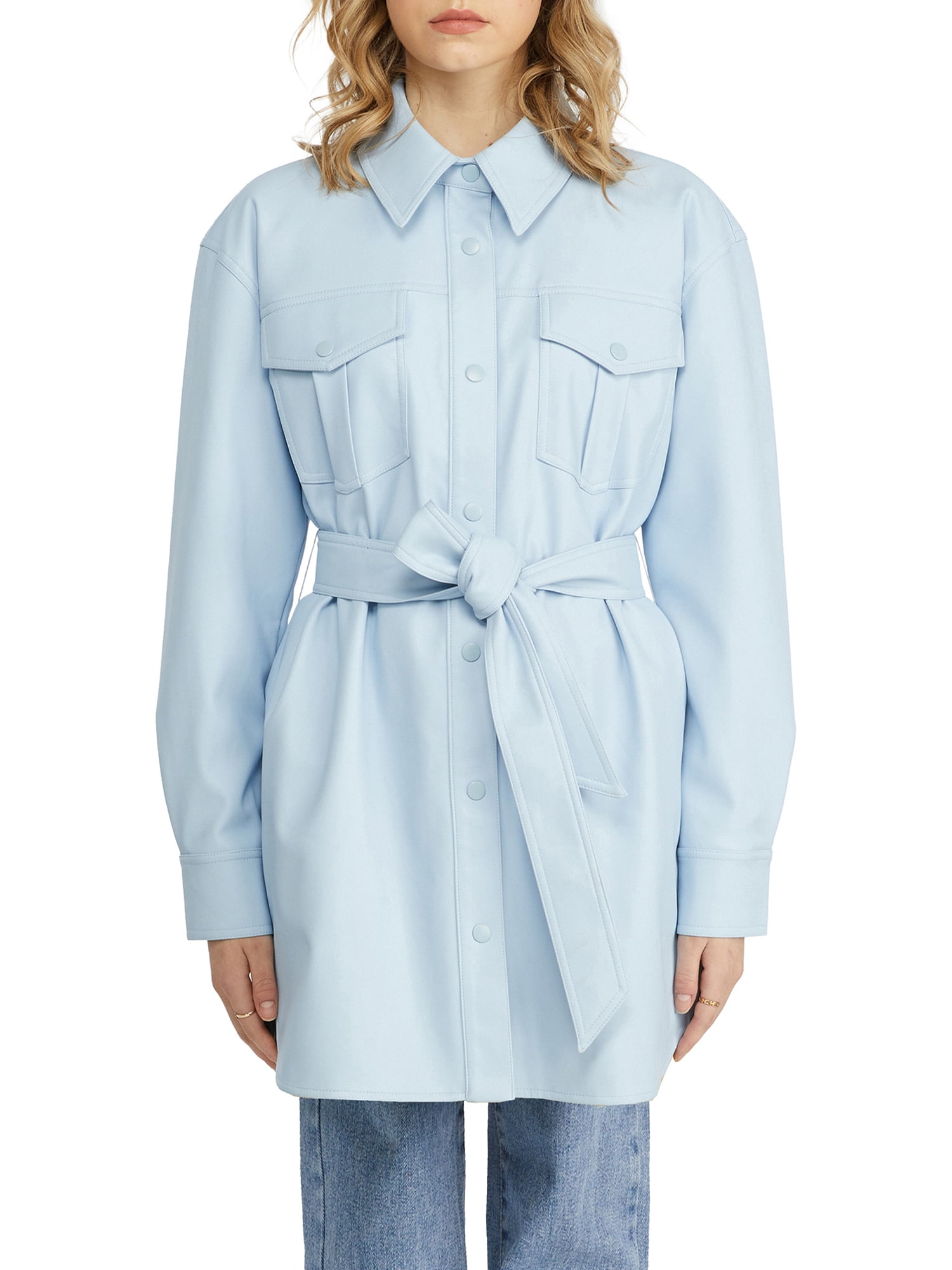 NVLT Women's Vegan Leather Belted Shacket - Walmart.com