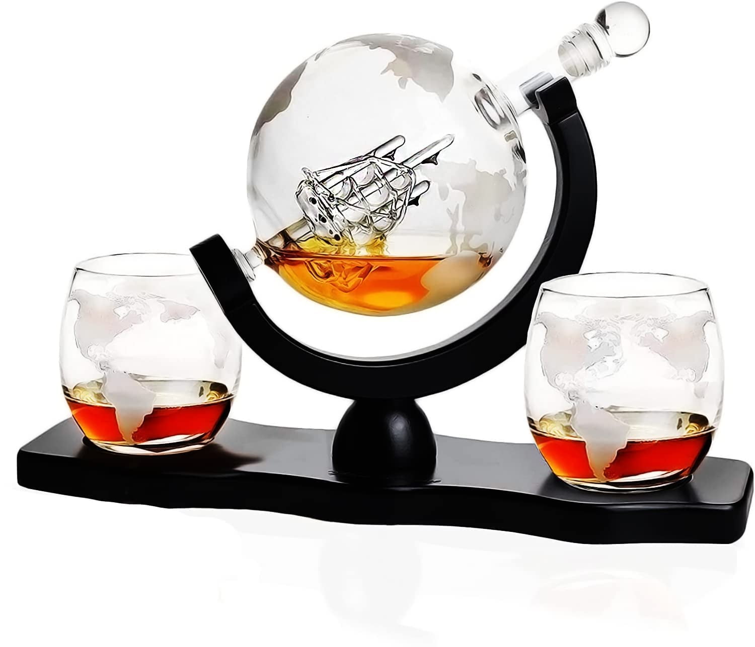 NVRA Whiskey Decanter Set with Etched World Map One Bottle 850 ml Two Glasses 300ml Wooden Base ...