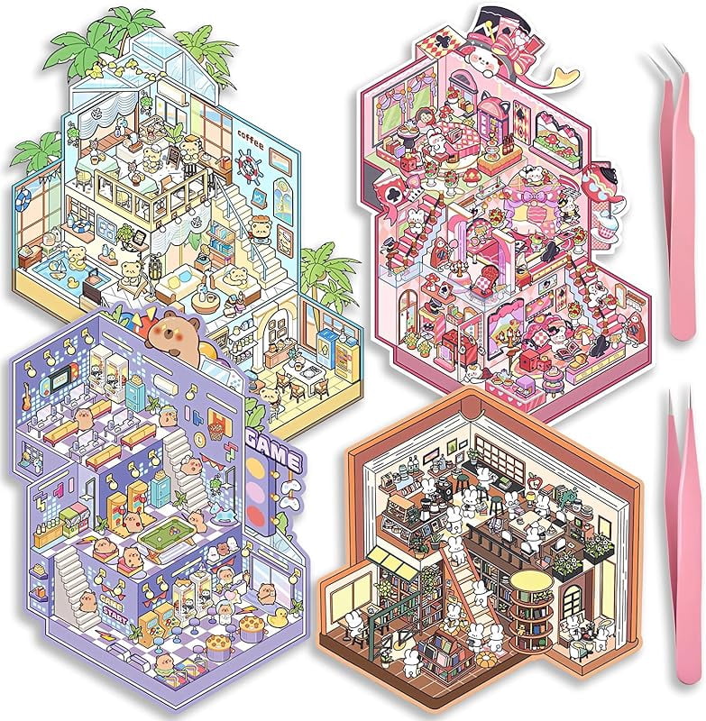 NWJ 3D DIY Sticker Room Set – 4-Pack Miniature House Scene Kit for Kids ...