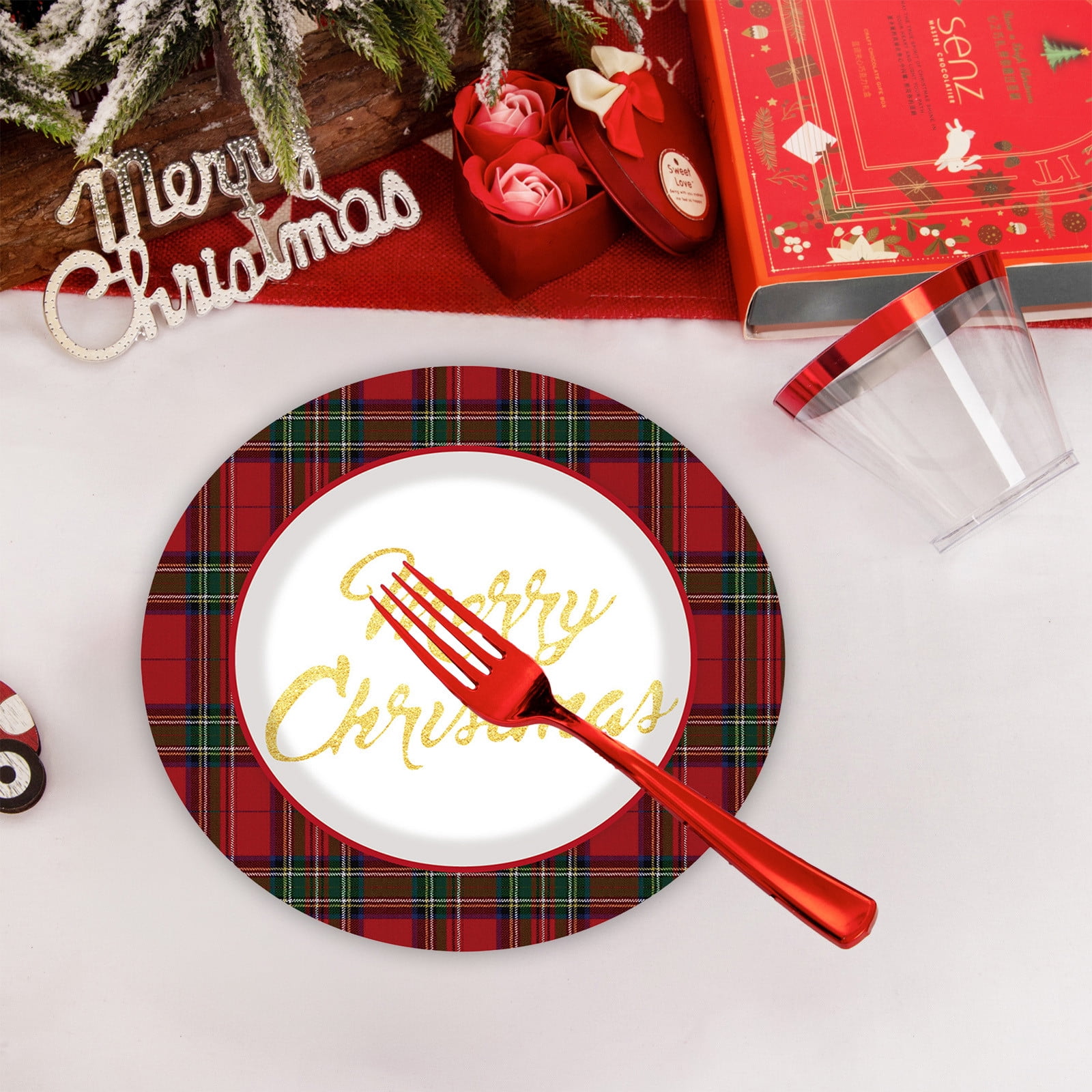 NWOKYZGH 10Pcs 7" Merry Christmas Dinnerware Set - Christmas Tree Paper ...