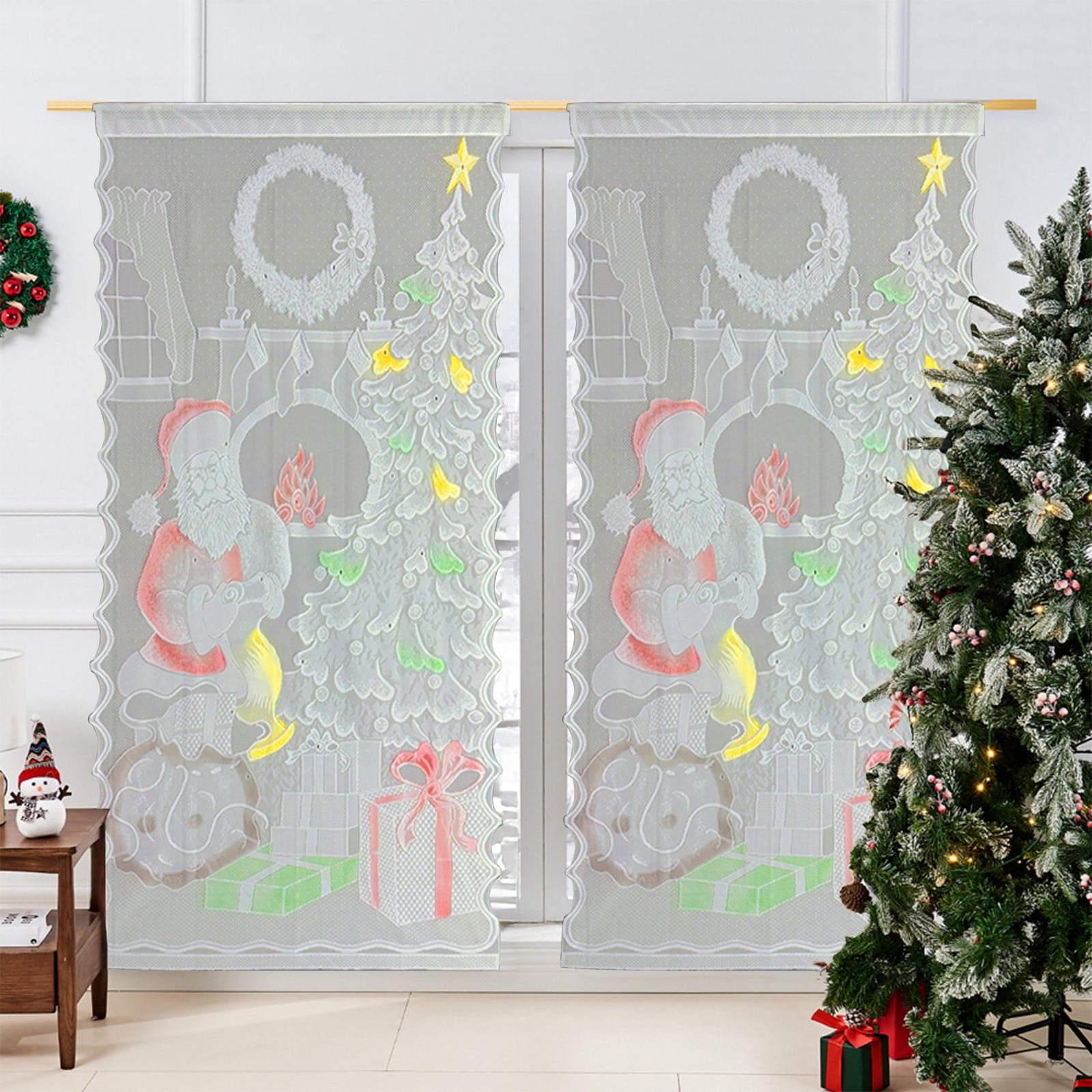 NWOKYZGH 1Pc Christmas Tree Curtain Panel Lace Xmas Tree Window Door ...