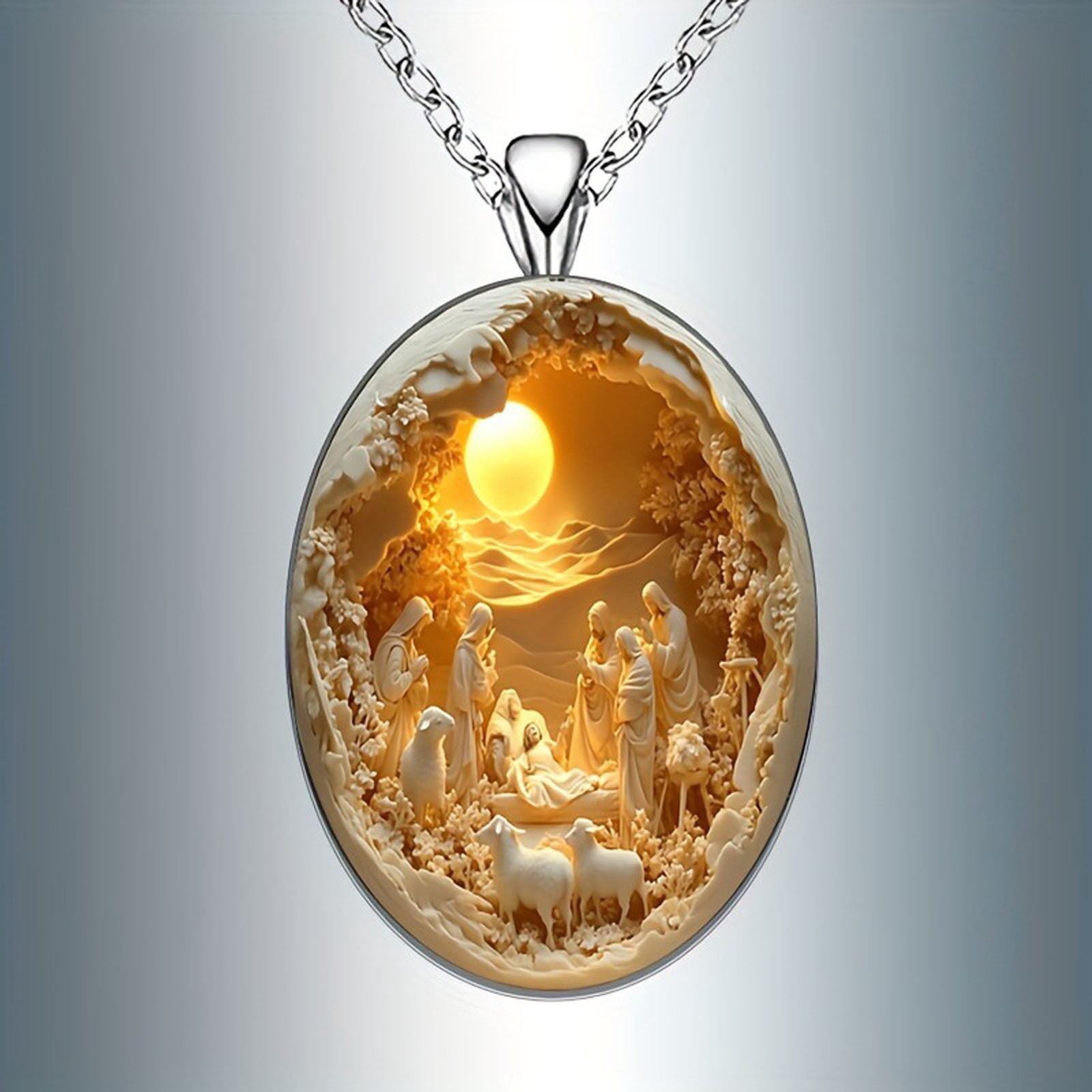 NWOKYZGH Nativity Scene Cameo Necklacce for Women Religious Cameo ...