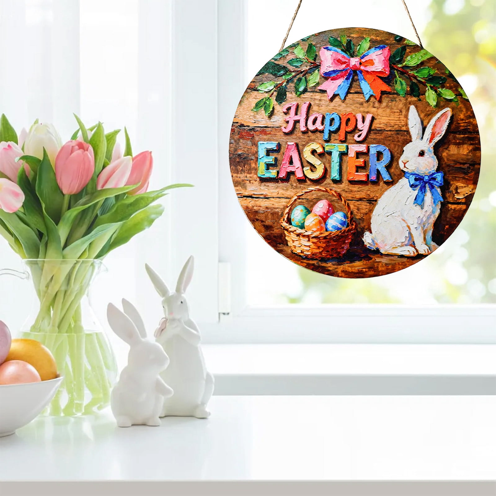 NWOKYZGH Spring Easter Bunny Sign for Front Door Summer Welcome Easter ...