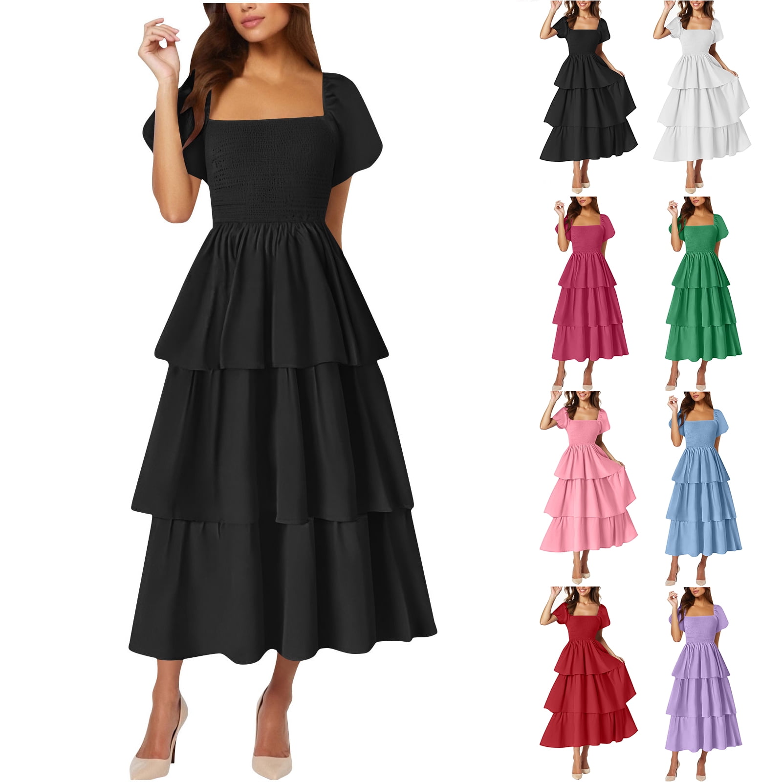 NXMZXB Women's 2025 Summer Boho Midi Dress Short Puff Sleeve Smoked ...