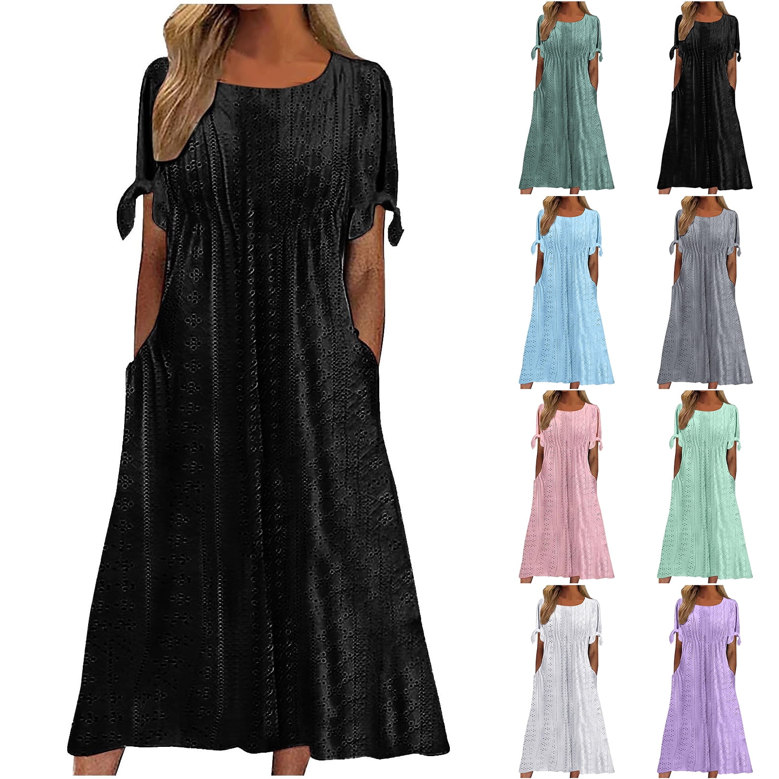 NXMZXB Womens Boho Eyelet Crochet Dress Loose Flowy Crewneck Tshirt ...