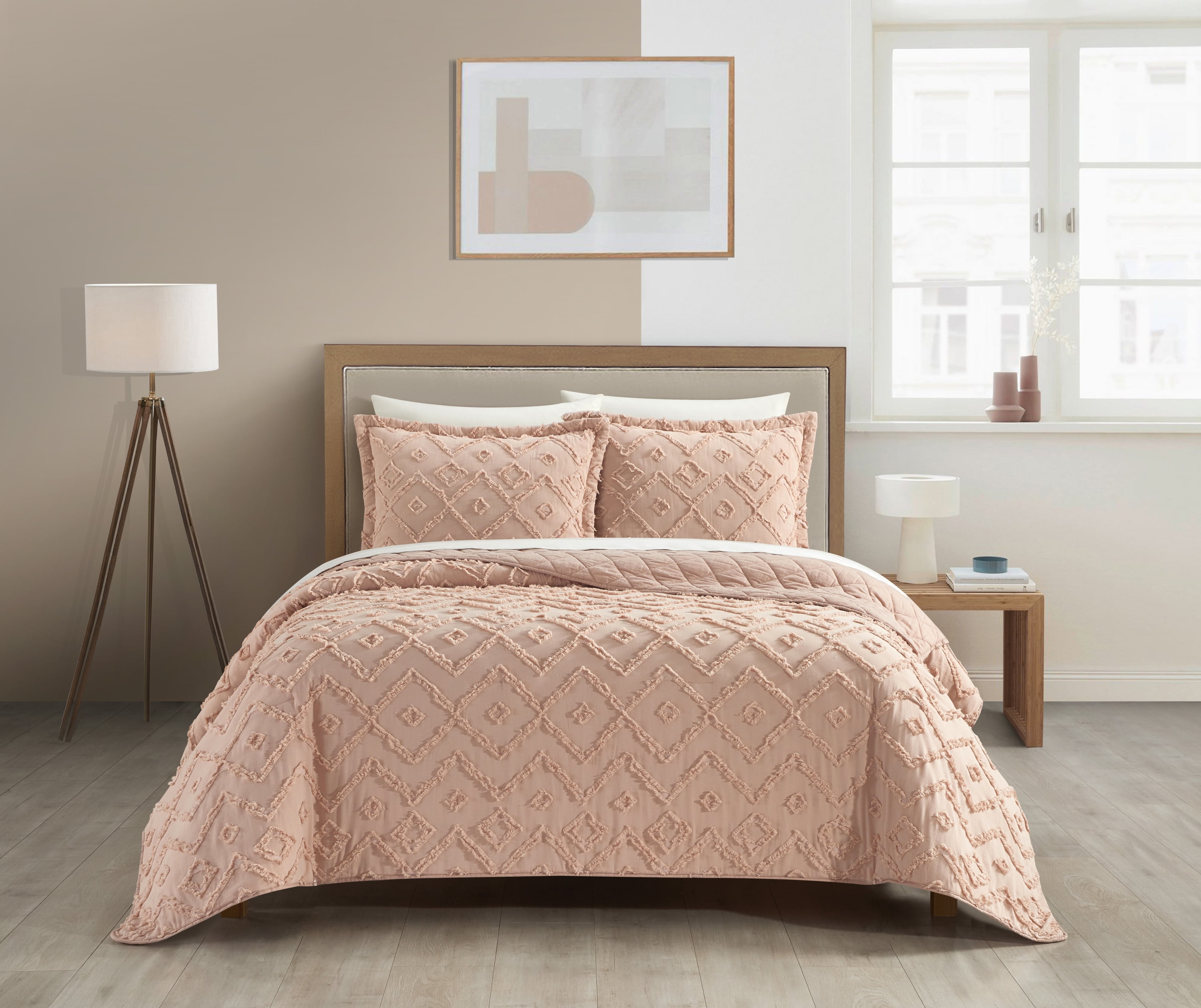 NY&C Home Cody 7-Piece Jacquard Cotton Quilt Set, Queen, Dusty Rose ...