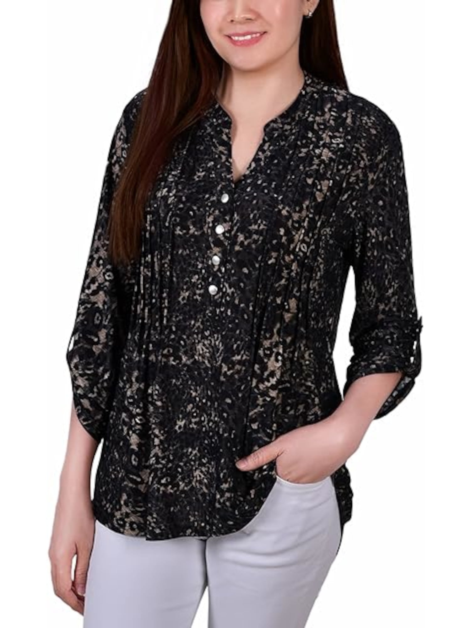 NY COLLECTION Womens Black Animal Print Roll-tab Sleeve Split Top ...
