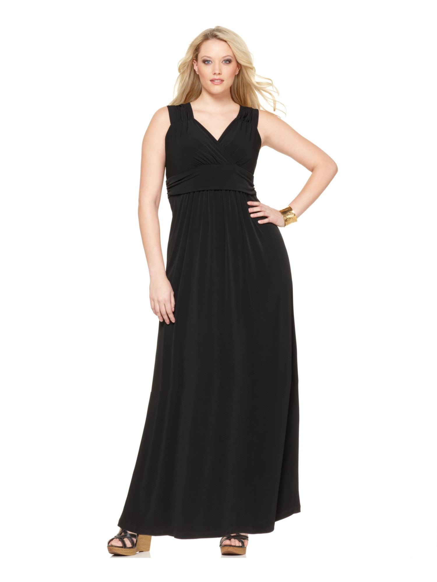 NY COLLECTION Womens Black Ruched Sleeveless V Neck Maxi Evening Empire ...