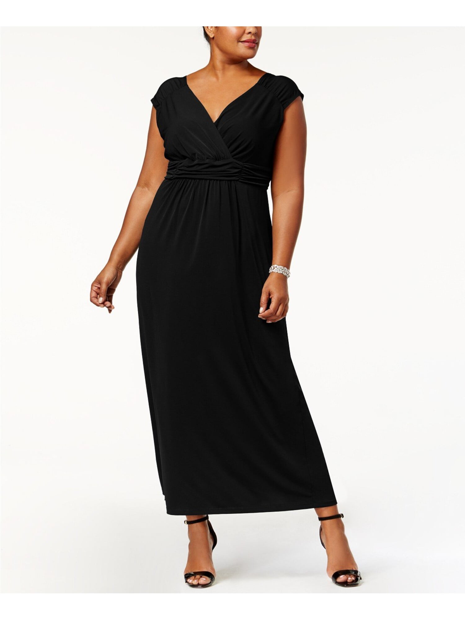 NY COLLECTION Black Ruched Sleeveless V Neck Maxi Party Dress, Plus ...