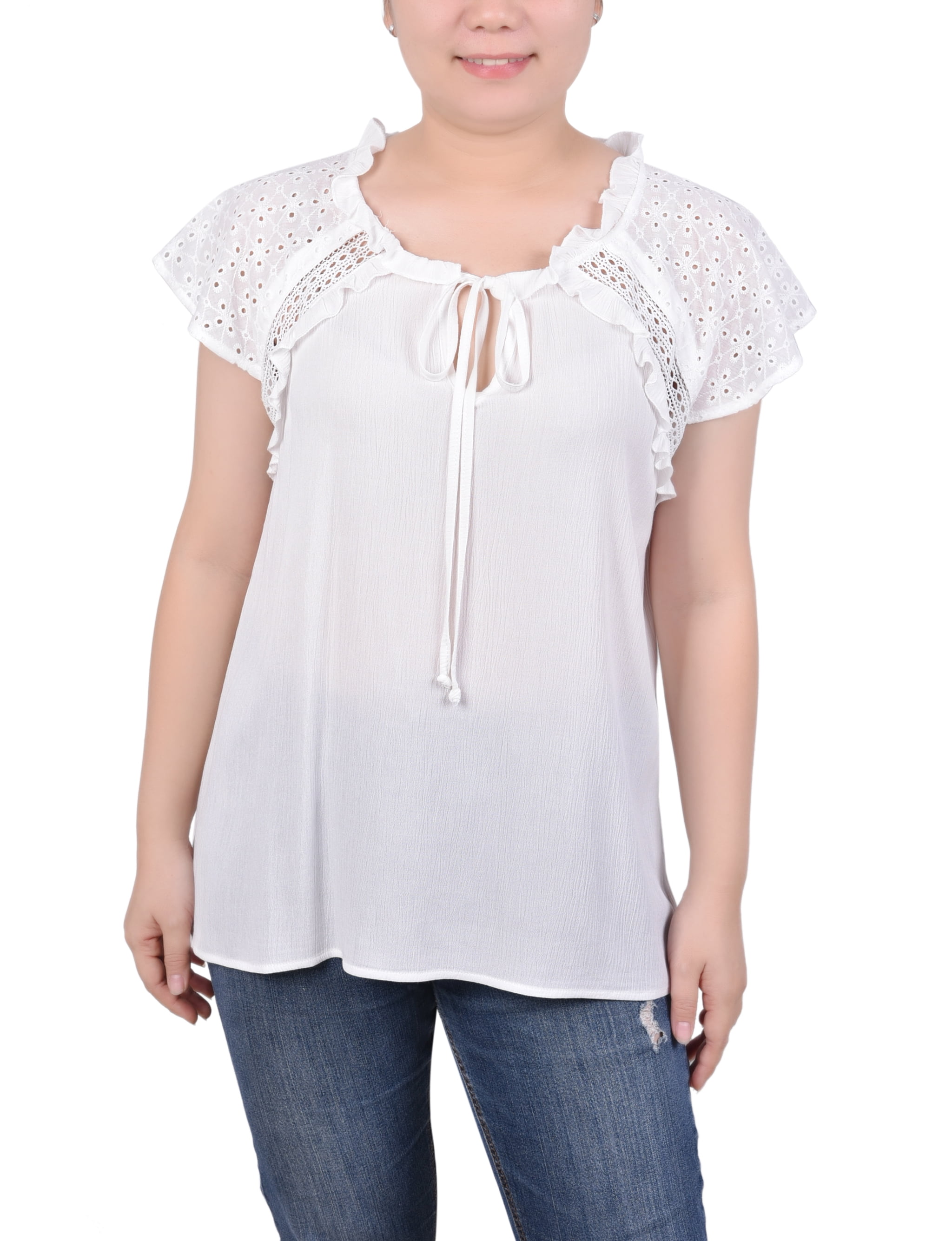 NY Collection Missy Eyelet Sleeve Blouse - Walmart.com
