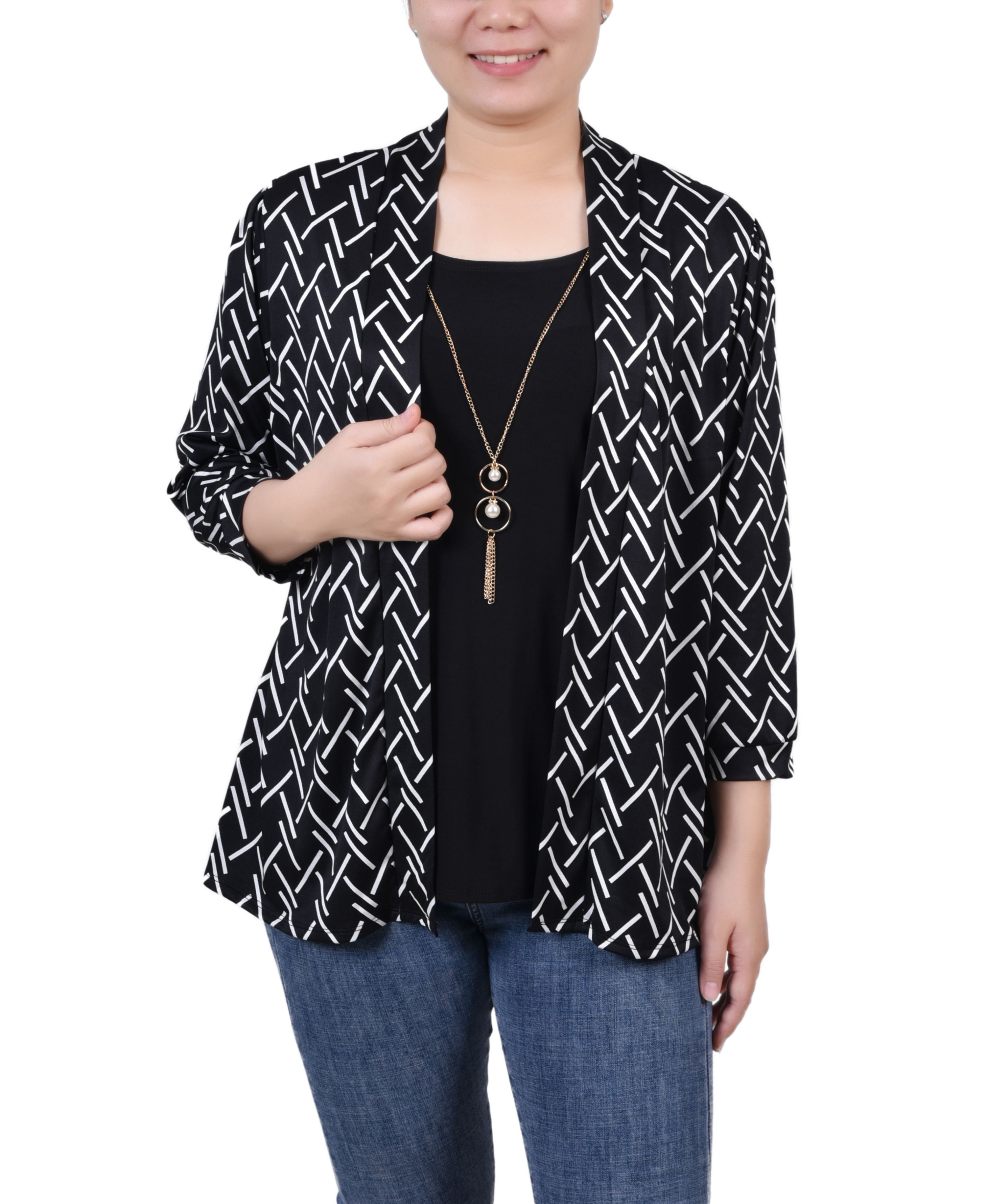 NY Collection Petite 3/4 Sleeve Two Fer Top Black White Abstract Line ...