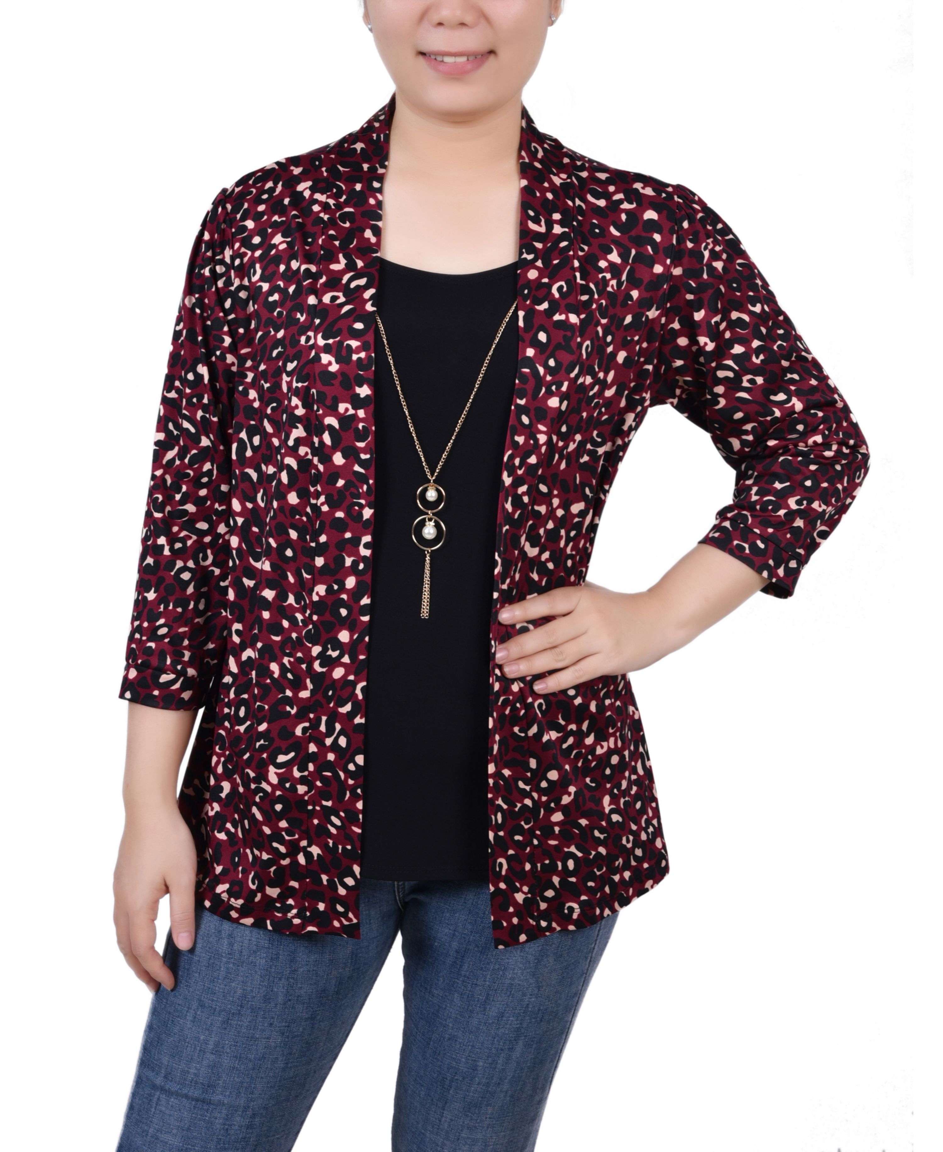 NY Collection Petite 3/4 Sleeve Two Fer Top Rhodo Cheetah PXL - Walmart.com