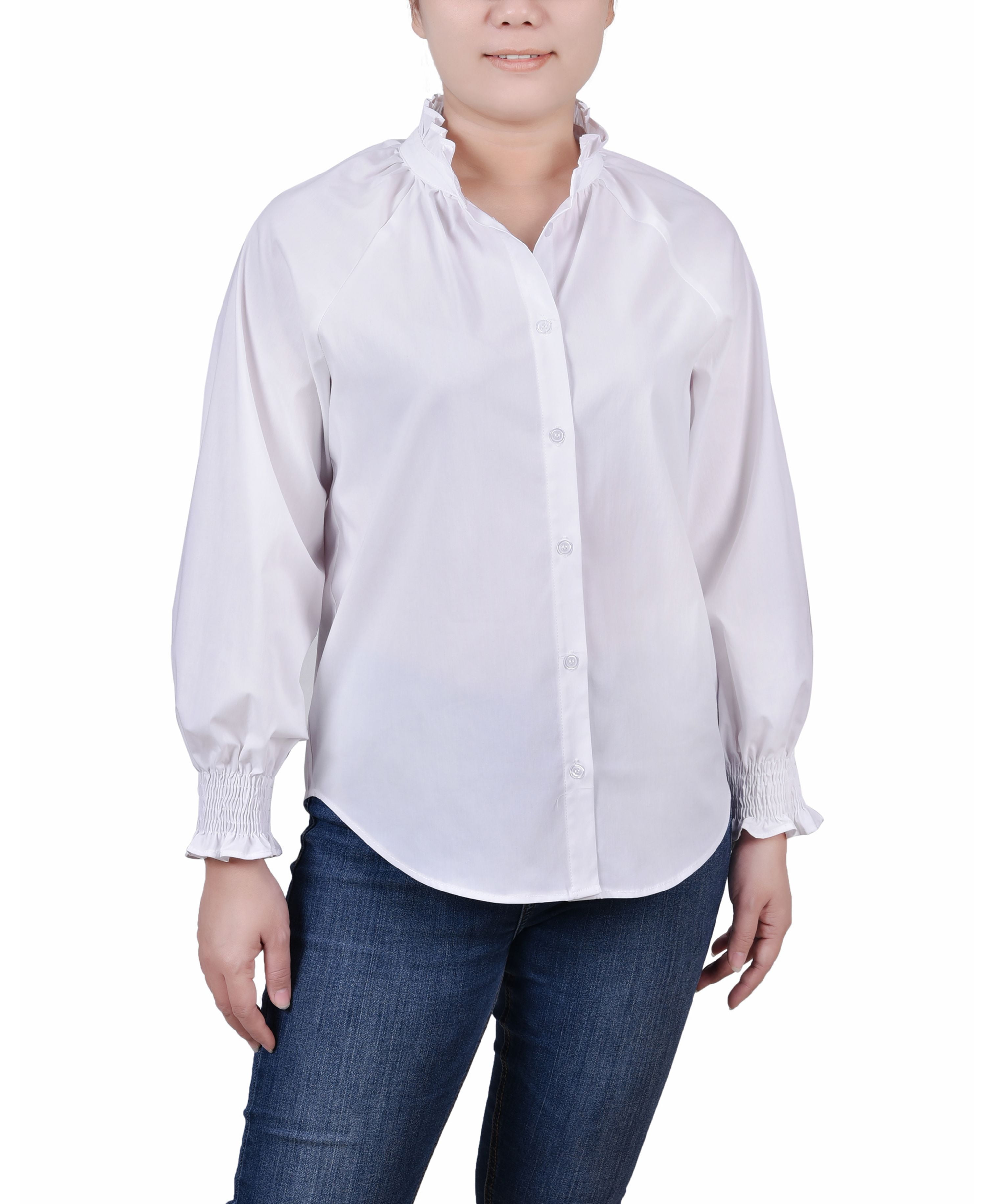 NY Collection Petite Cinch Sleeve Button Front Blouse White PS ...