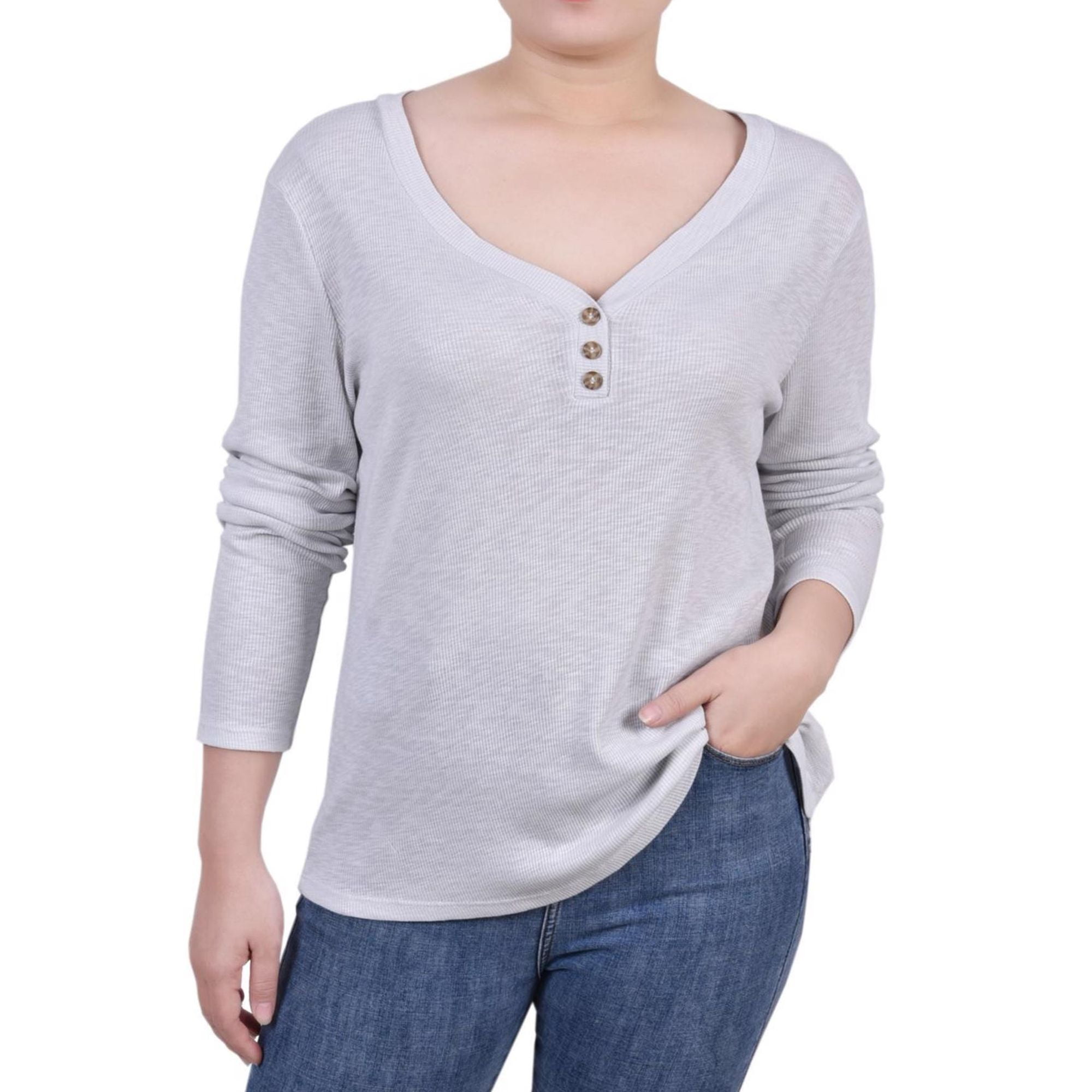 NY Collection Womens Ribbed Henley Shirt, Grey, Petite, PXL - Walmart.com