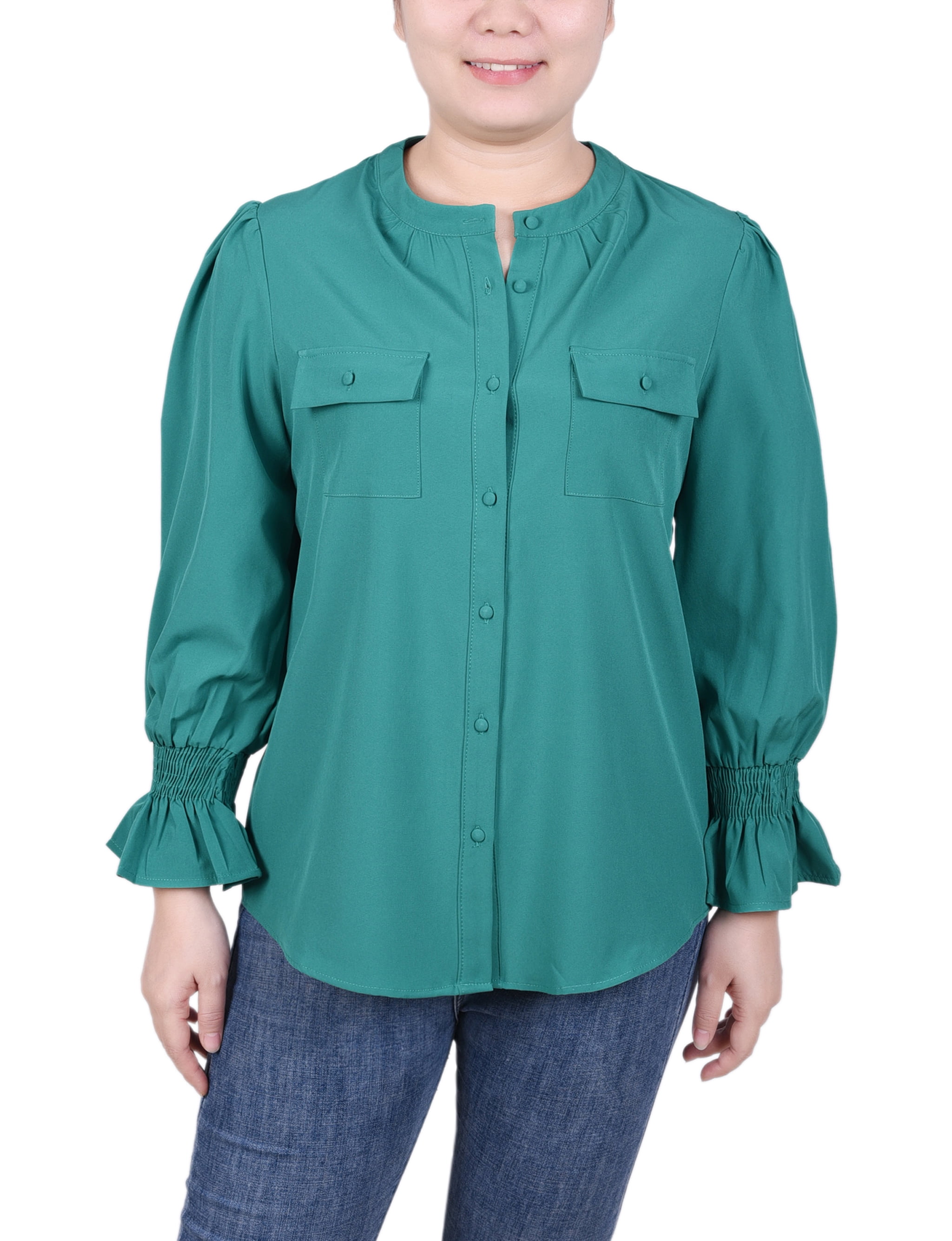 NY Collection Petite Long Sleeve Y Neck Blouse - Walmart Business Supplies