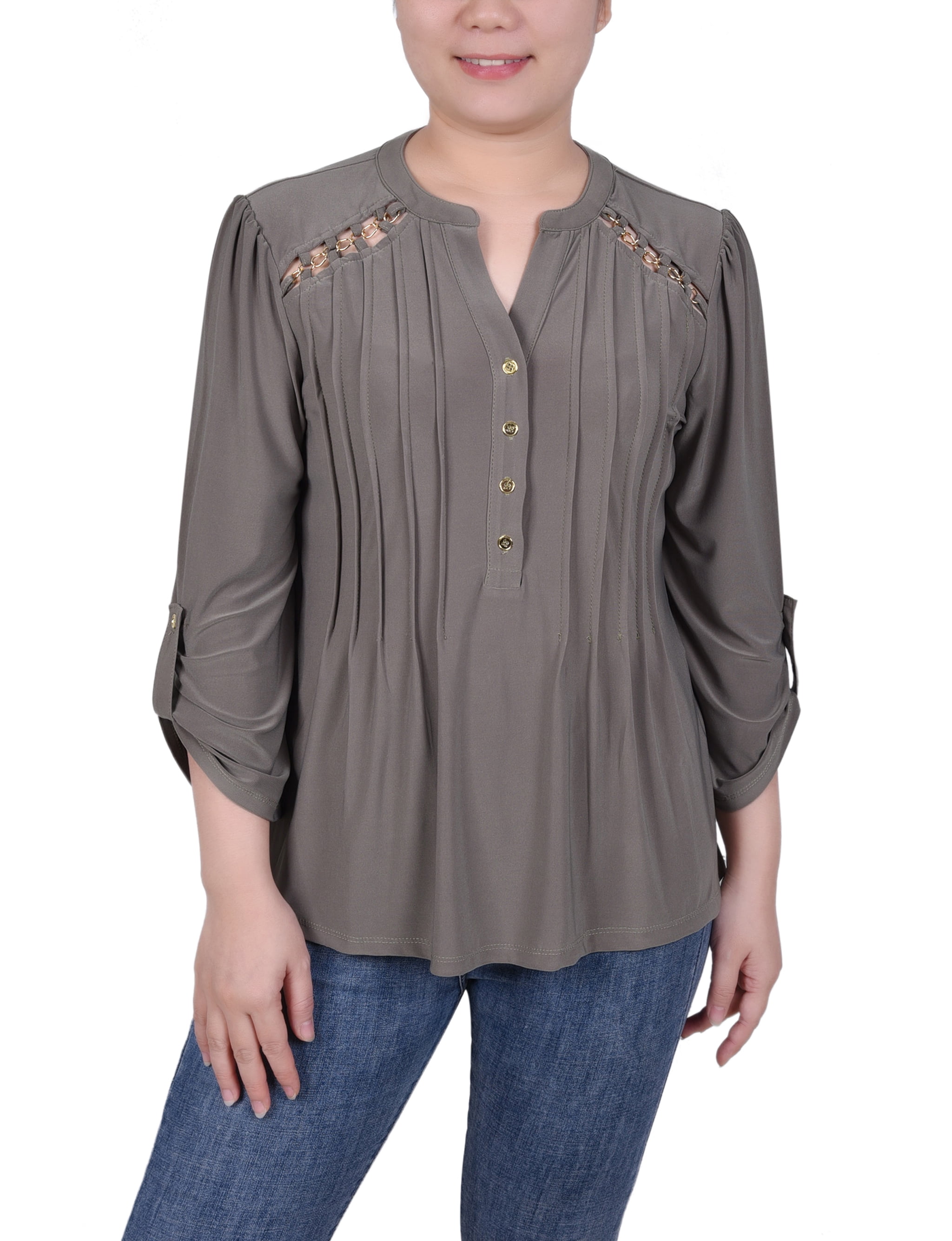 NY Collection Petite Pintuck Front Top With Chain Details - Walmart.com
