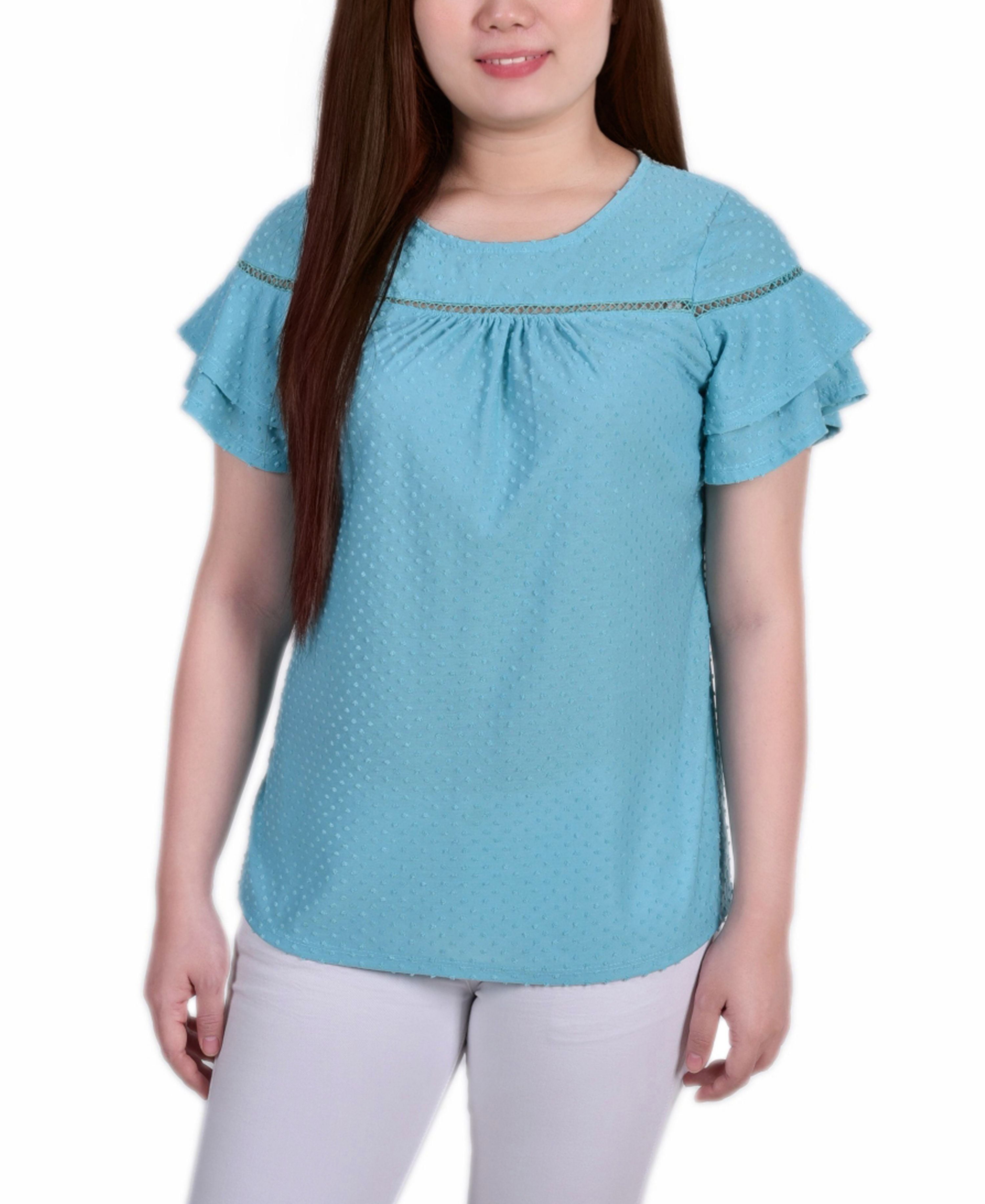 NY Collection Petite Short Double Flutter Sleeve Swiss Dot Top Capri PM ...