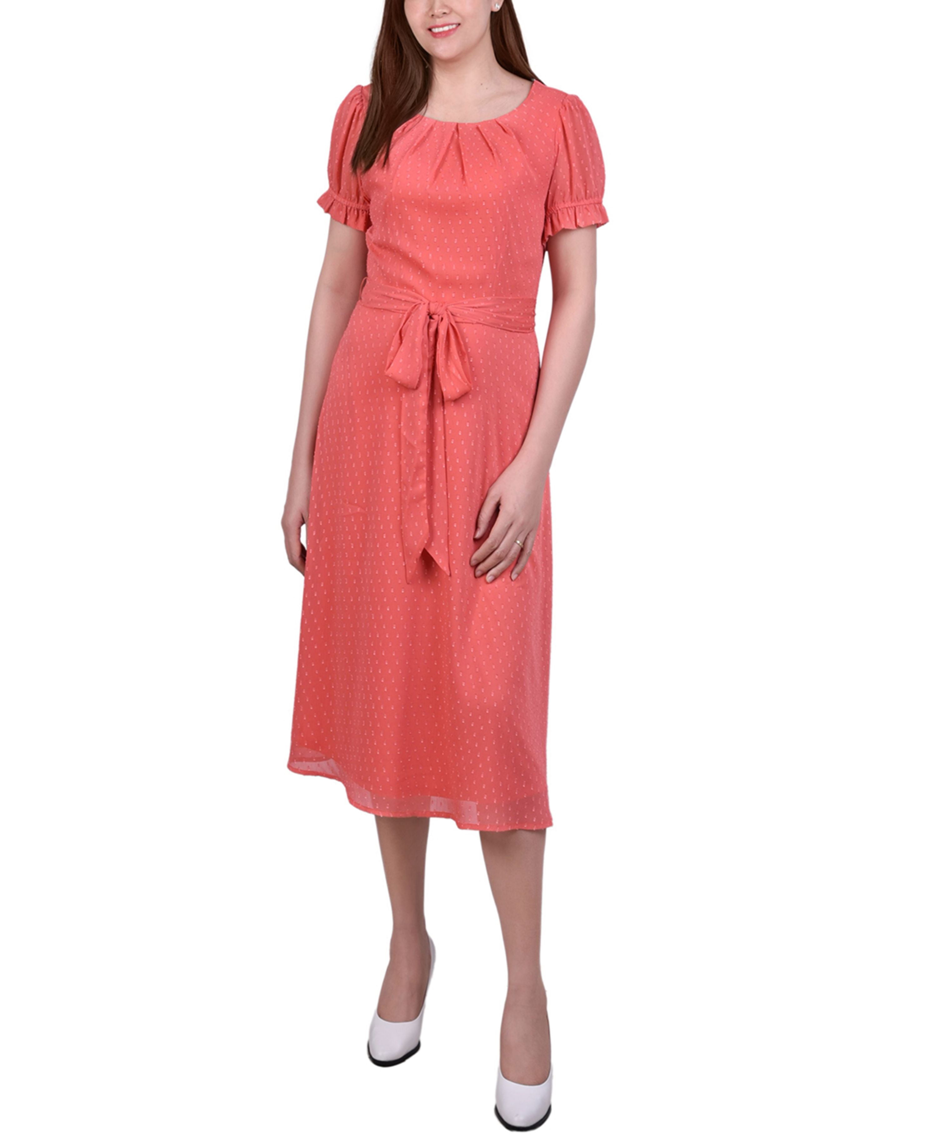 NY Collection Petite Short Sleeve Belted Swiss Dot Dress Spiced Coral ...