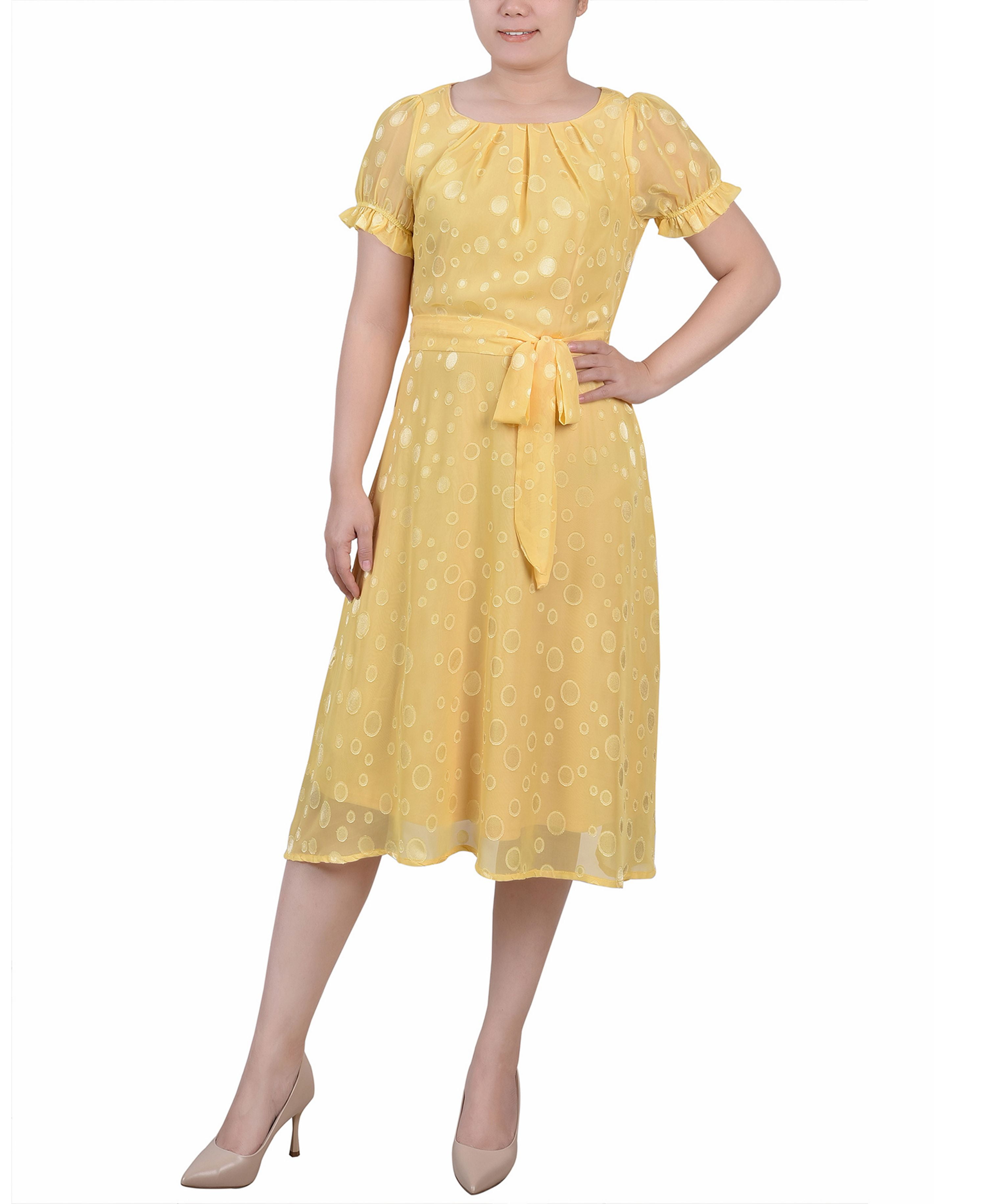 NY Collection Petite Short Sleeve Belted Swiss Dot Dress Yellow Multi ...