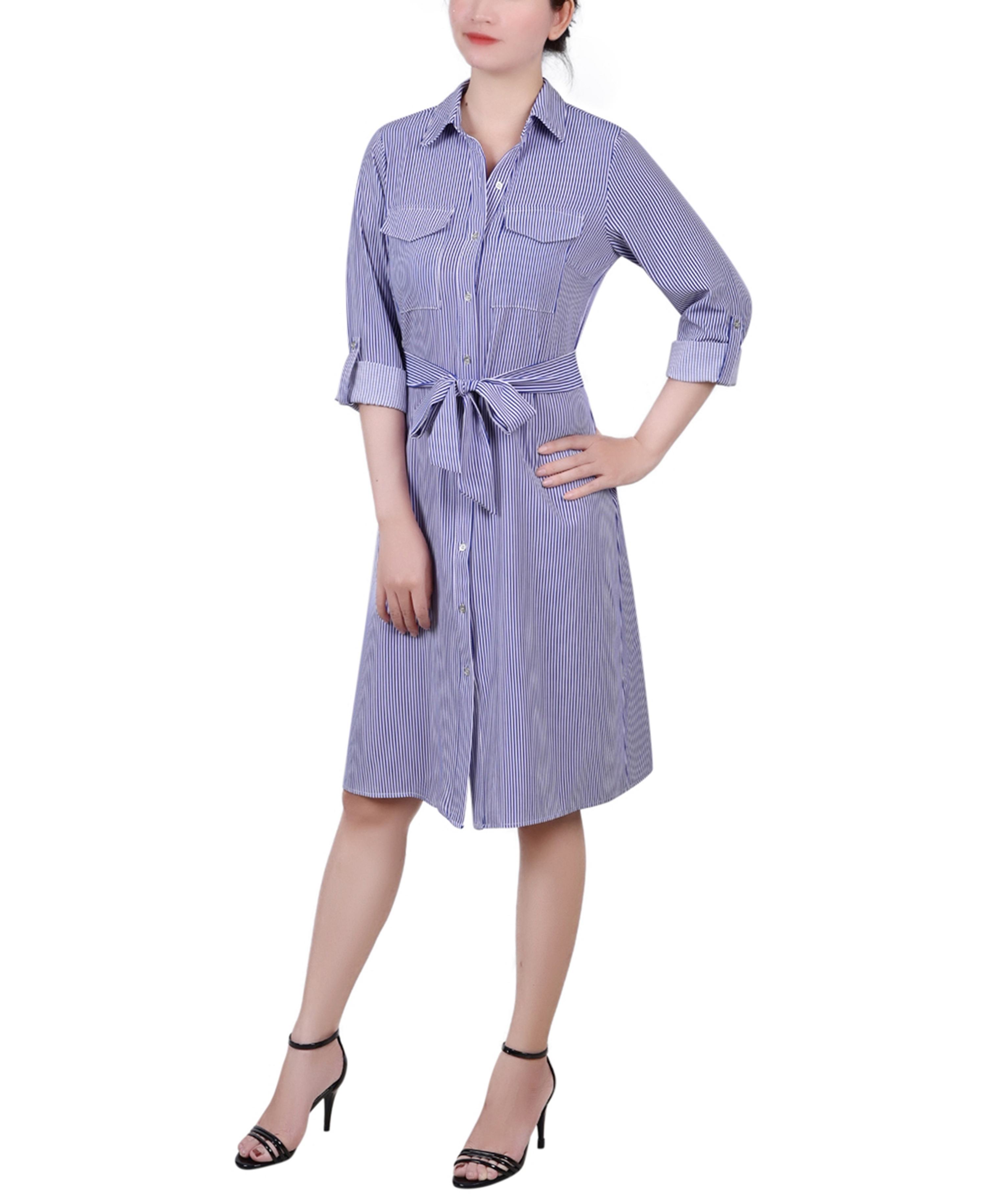 NY Collection Petite Striped Roll Tab Shirt Dress Blue Tortorella PS ...