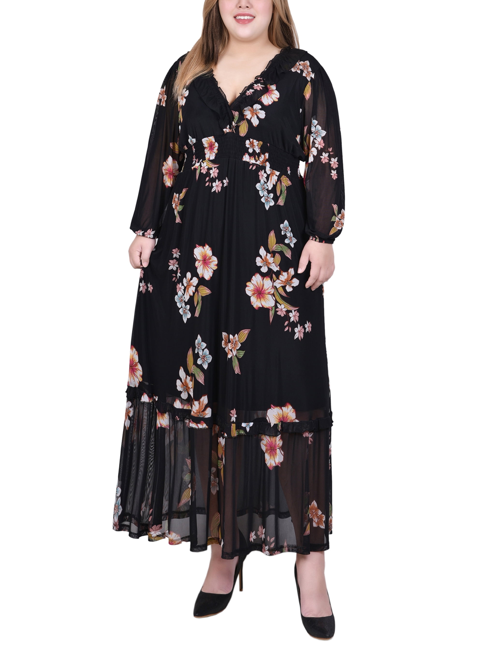 NY Collection Plus Size Long Sleeve Mesh Maxi Dress - Walmart Business ...