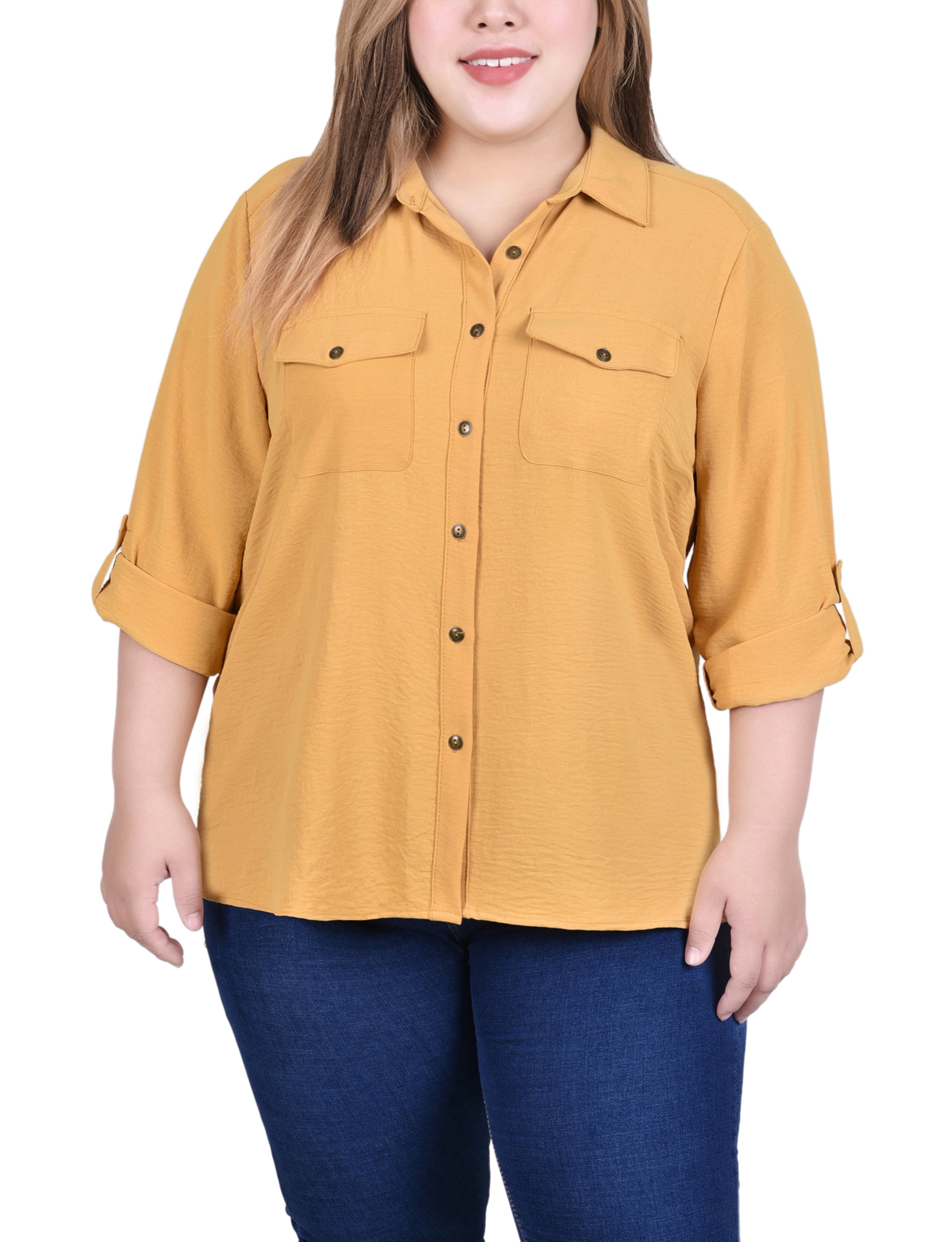 NY Collection Plus Size Roll Tab Blouse - Walmart.com